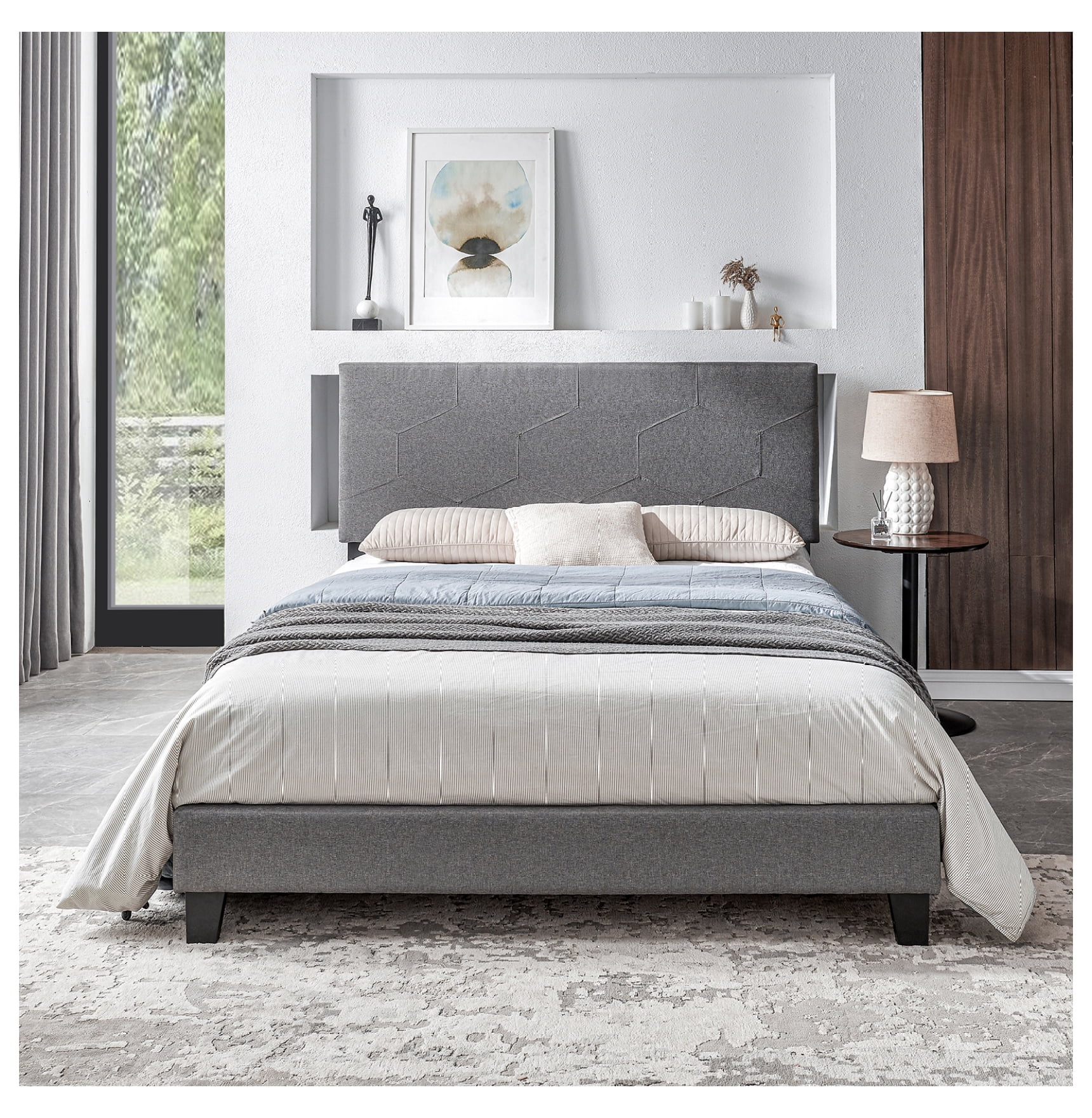 Queen Size Platform Bed Frame Upholstered, Wood Slat Support, Grey ...