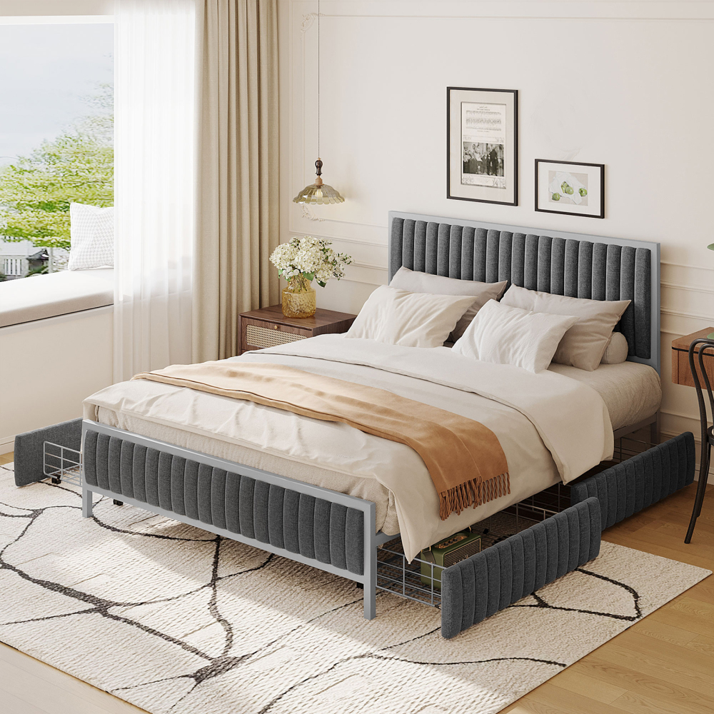 Queen Size Platform Bed Frame with Headboard, Metal Lath and 4 Drawers ...