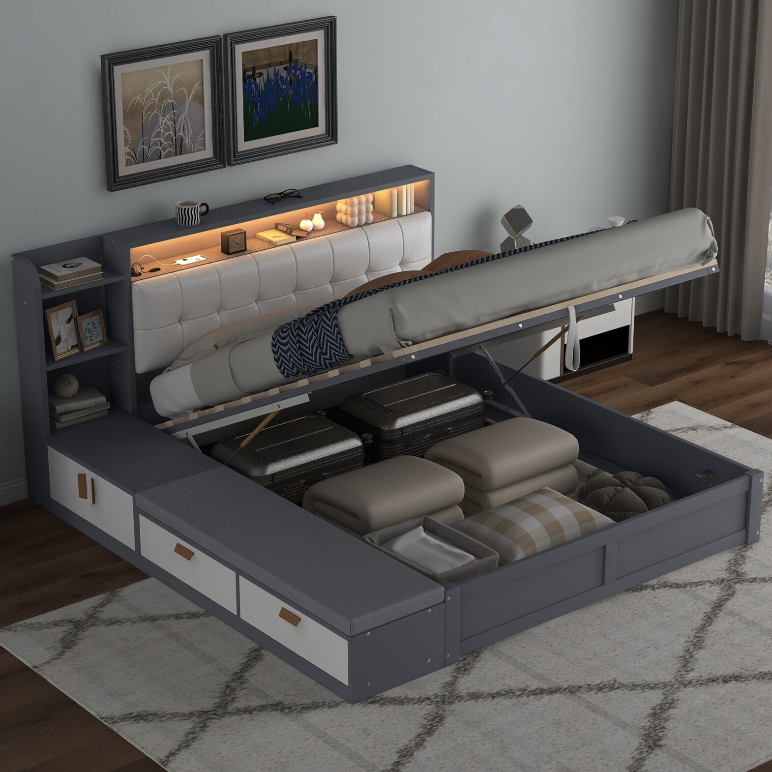 Queen Size Platform Bed Frame with Lift Up Storage Bed and Drawers ...