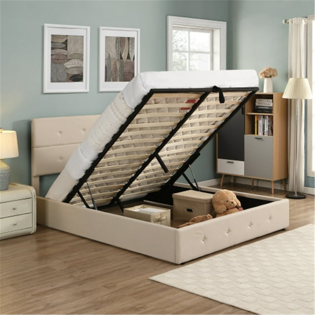 Queen Size Platform Bed Frame with Underneath Storage Space and Button ...