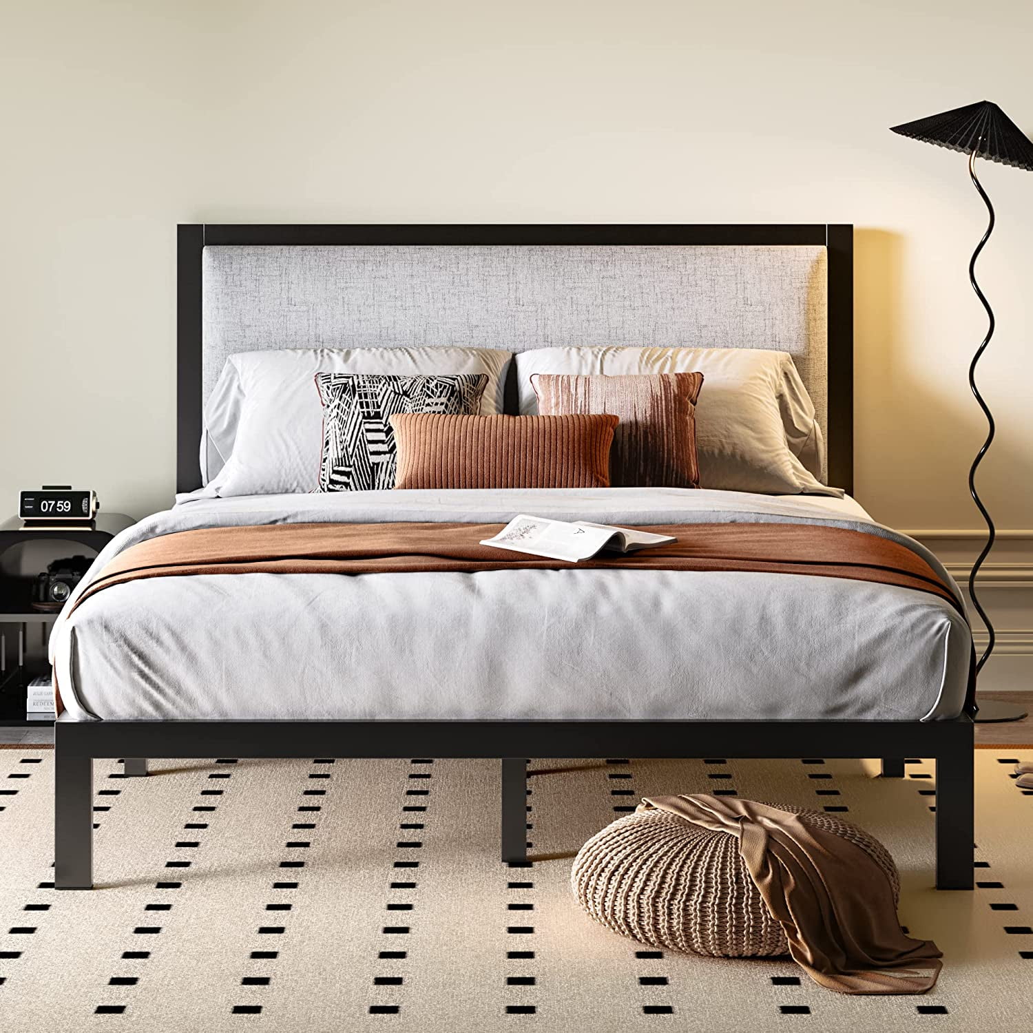 Queen Size Platform Bed Frame with Upholstered Headboard Metal ...