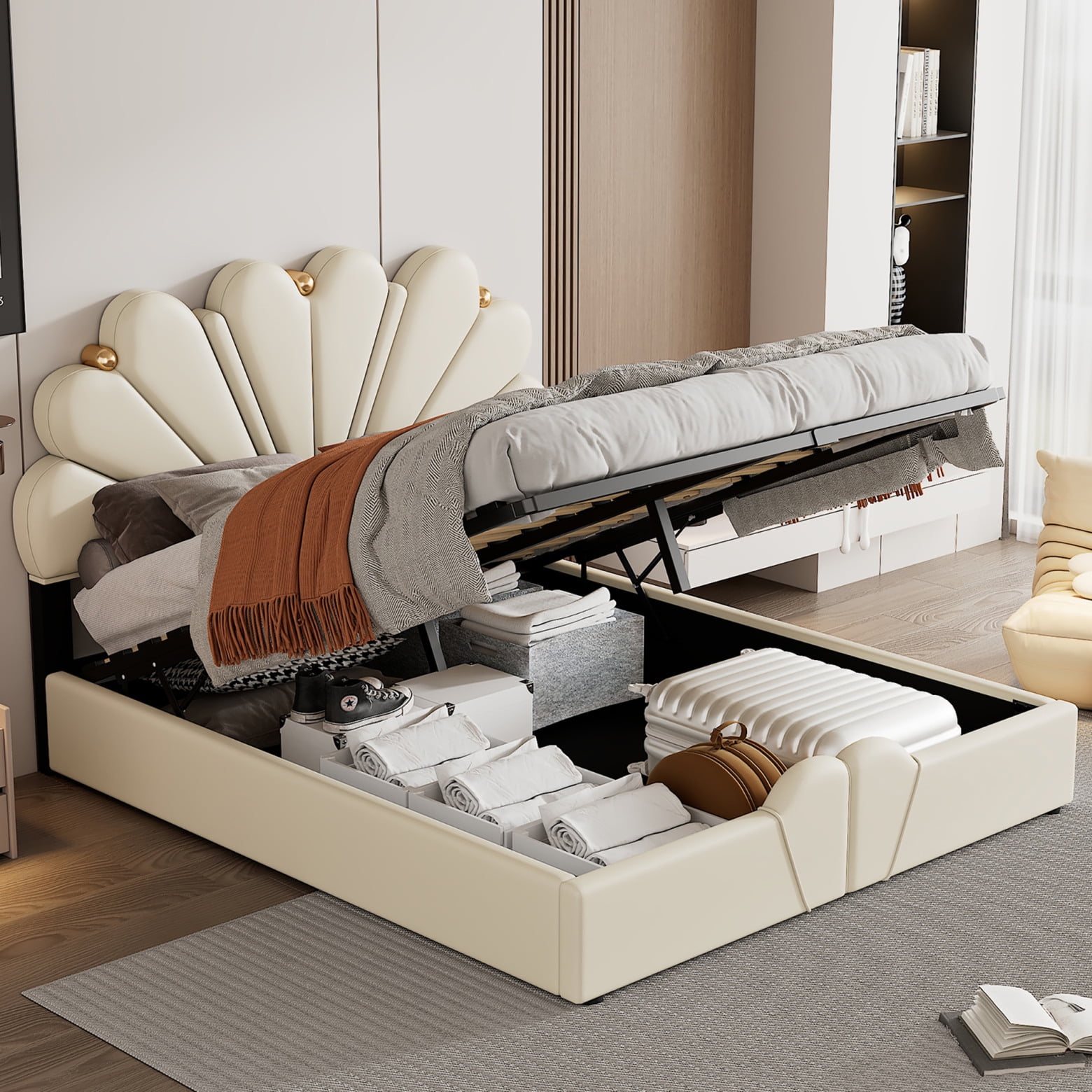 Queen Size Platform Bed with Hydraulic Storage System, PU Storage Bed ...