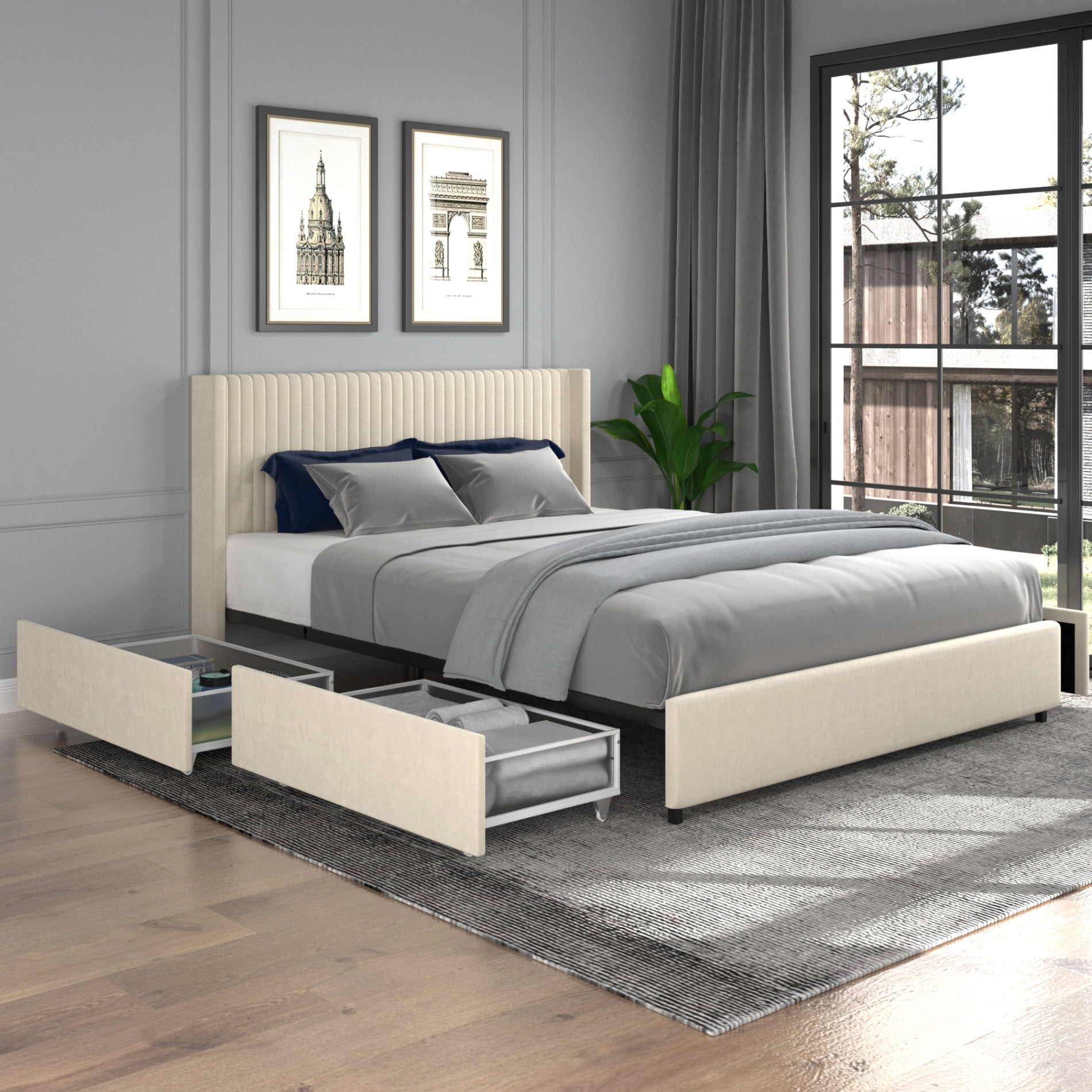 Queen Size Platform Bed,Ivory Velvet Upholstered Wingback Platform Bed Frame with 4 Drawers and ...