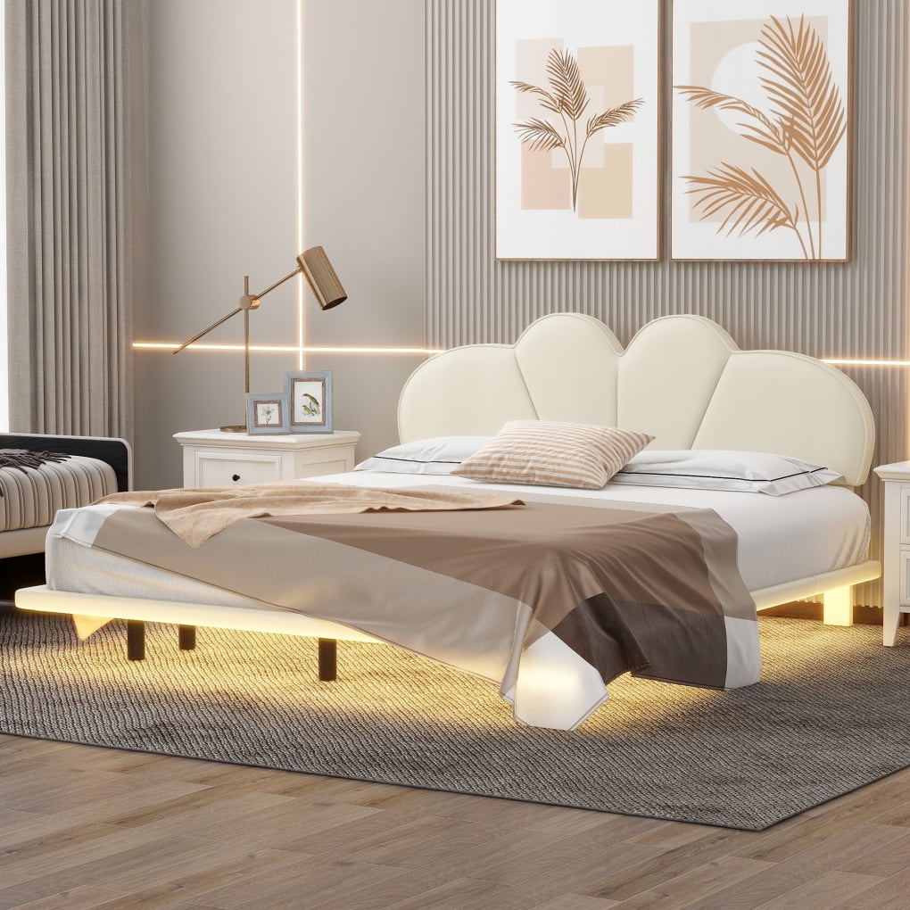 Queen Size Platform Bed with LED Light, Modern PU Leather Upholstered ...