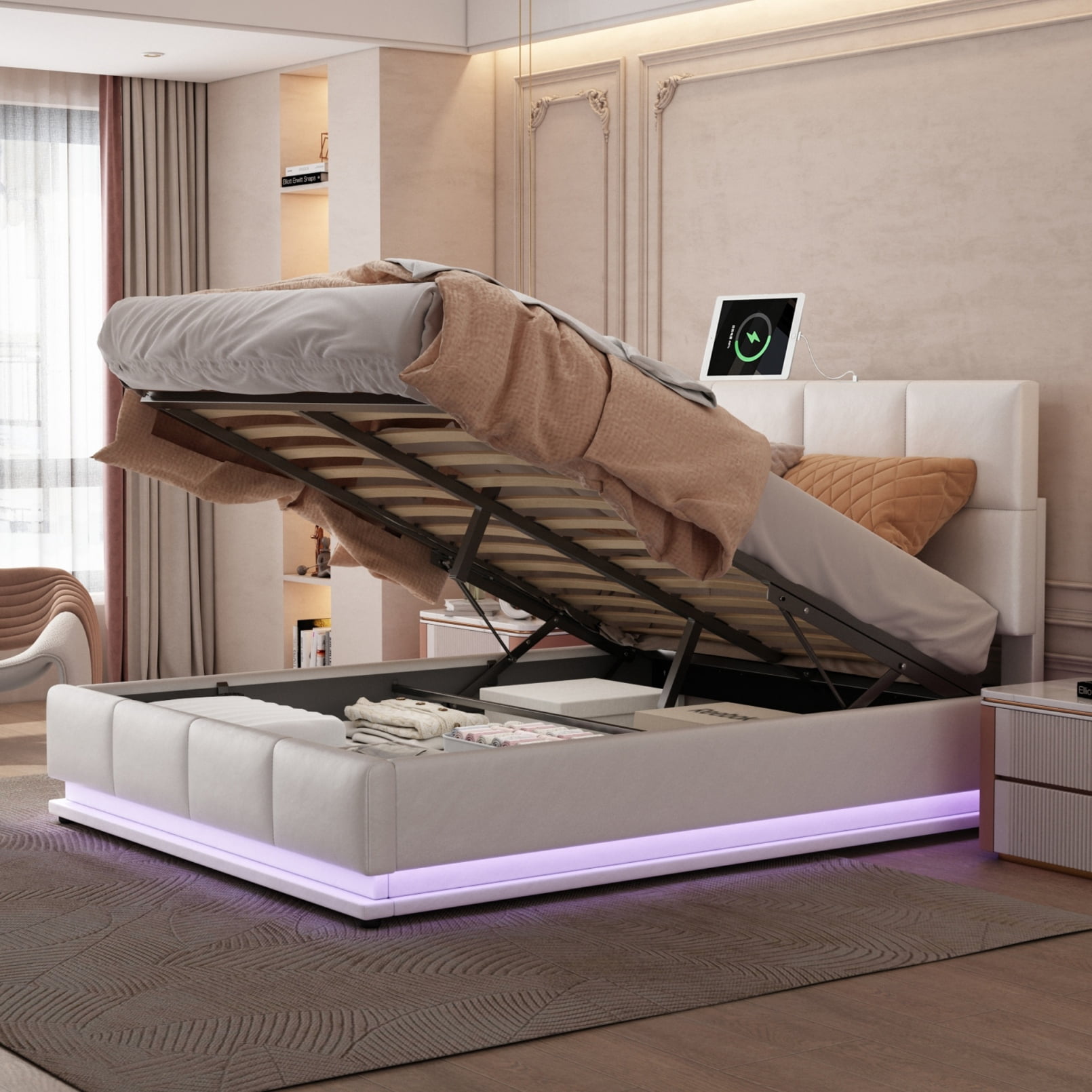 Queen Size Platform Bed with LED Lights and USB Charging, Storage Bed ...