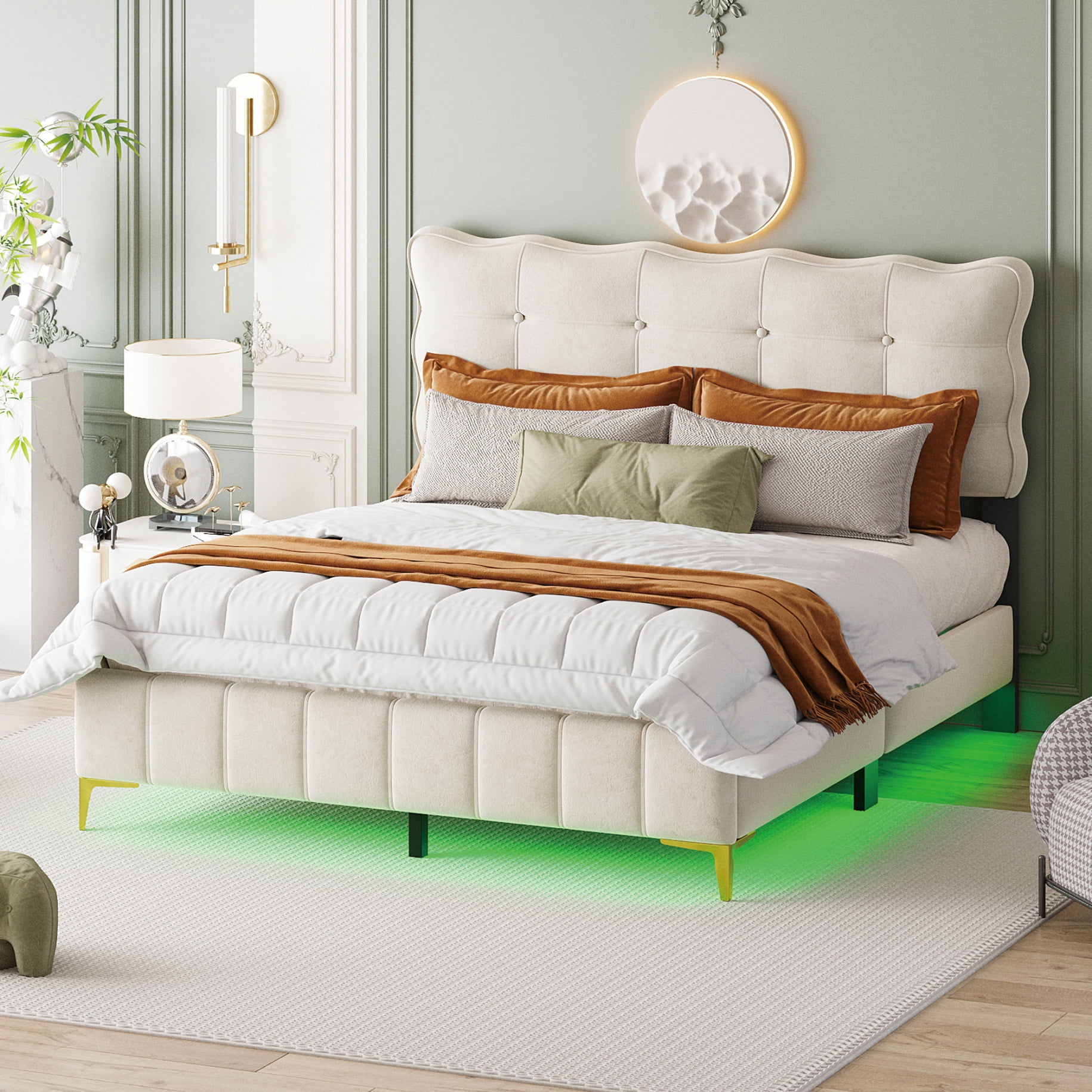 Queen Size Platform Bed with LED Lights, Velvet Upholstered Bed with ...