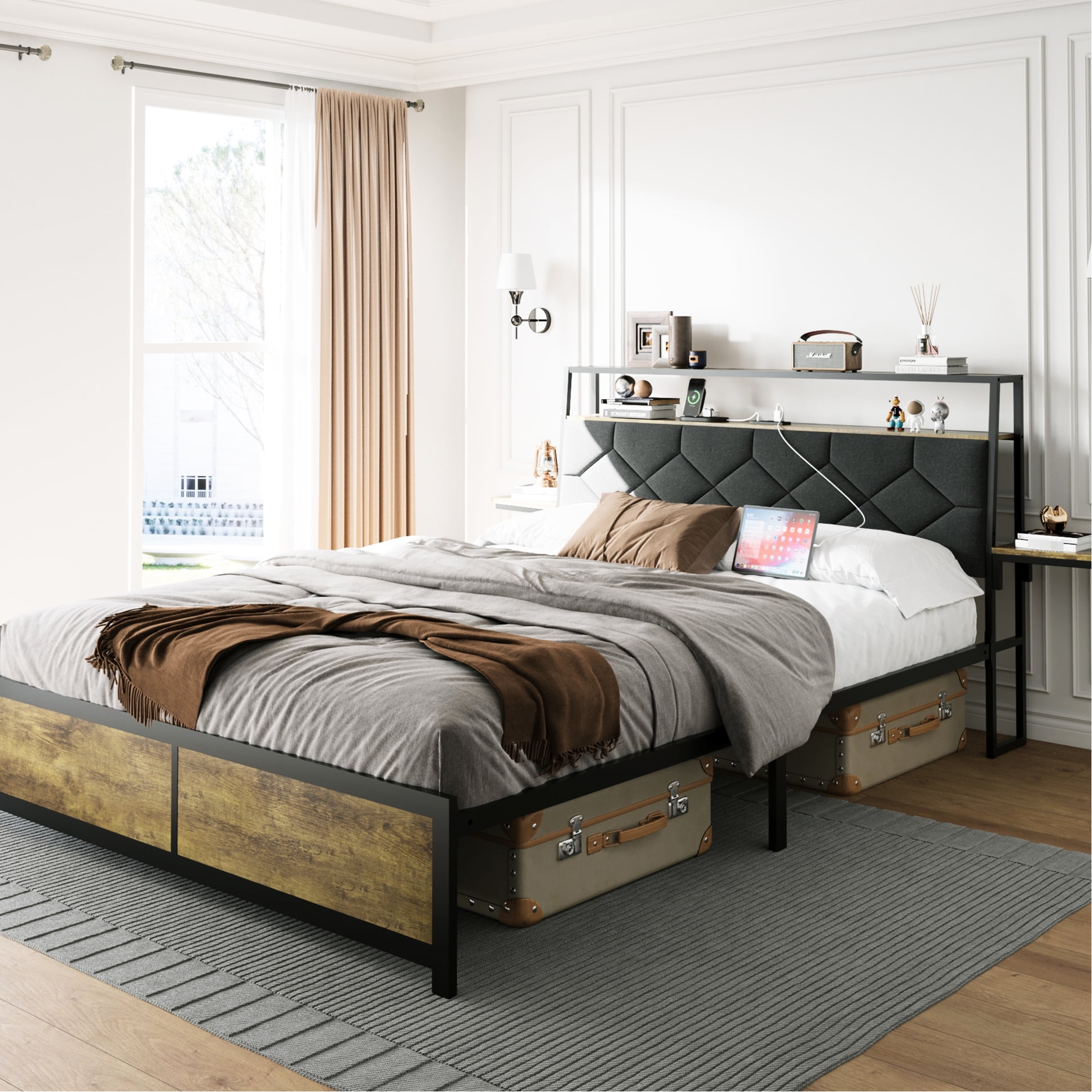 Queen Size Platform Bed With Led Strip, , Power Socket, Upholstered ...