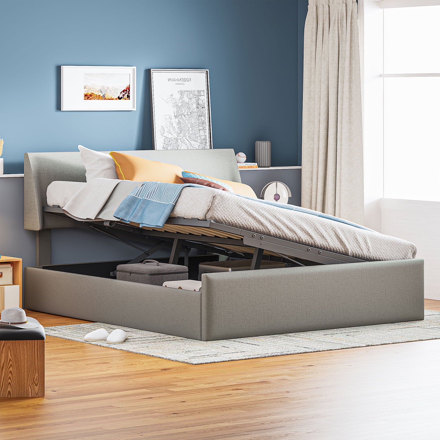 Queen Size Platform Bed, Modern Luxury Upholstered Storage Bed Frame ...