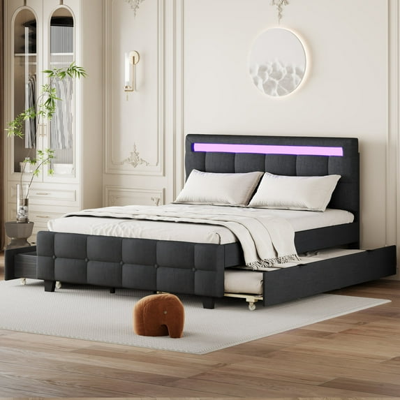 Queen Size Platform Bed, Modern Upholstered Bed Frame with LED Frame ...