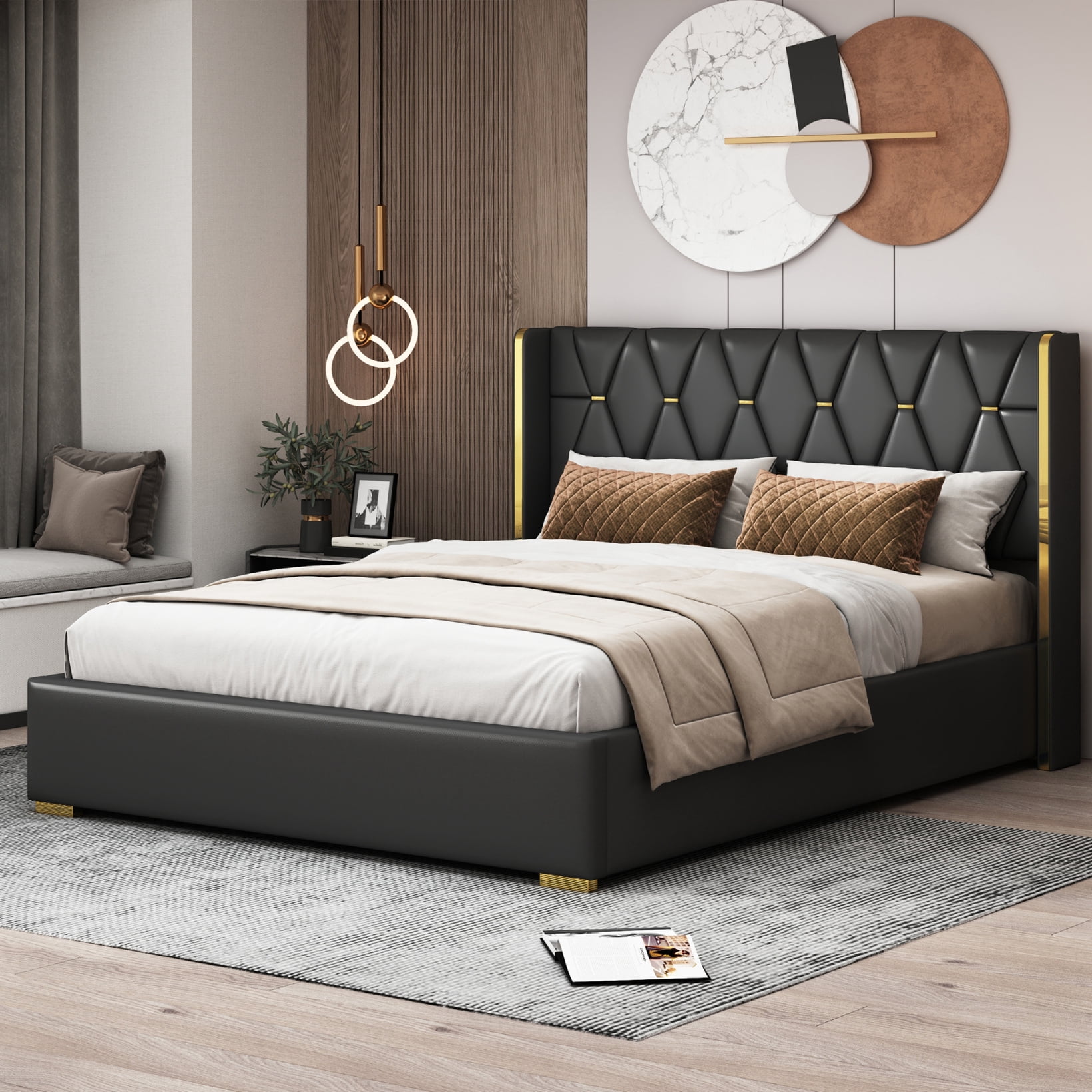 Queen Size Platform Bed, PU Upholstered Platform Bed Frame with Tall ...