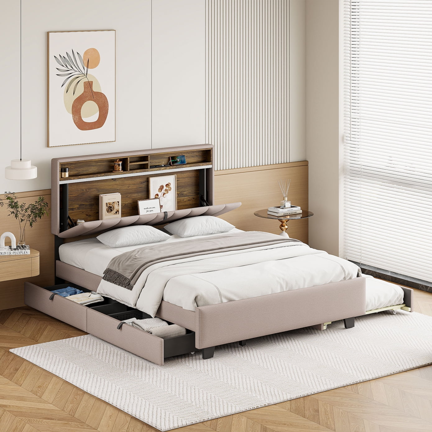 Queen Size Platform Bed with Sockets & USB Ports, Wooden Upholstered ...