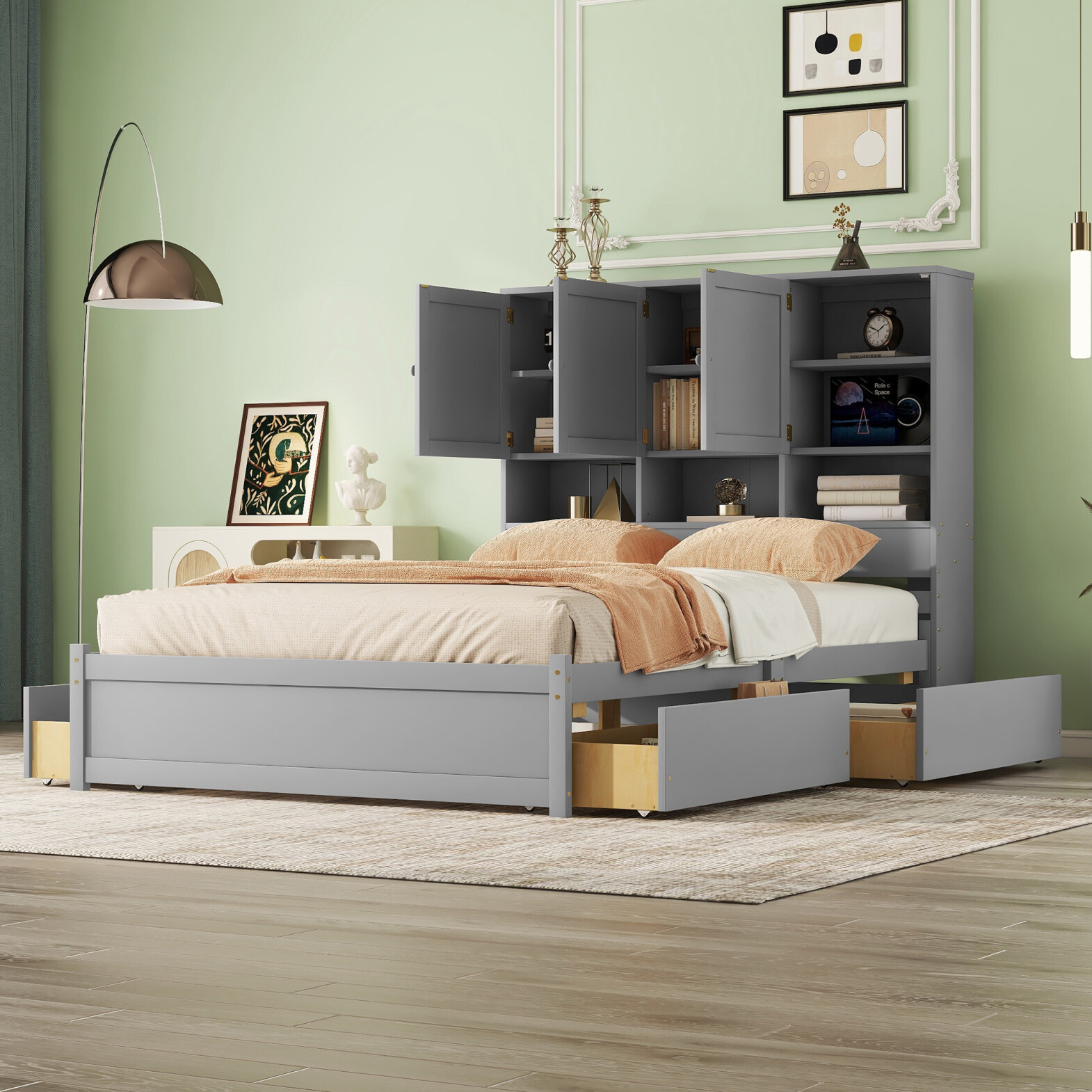 Queen Size Platform Bed with Storage Headboard and 4 Drawers, Modern ...