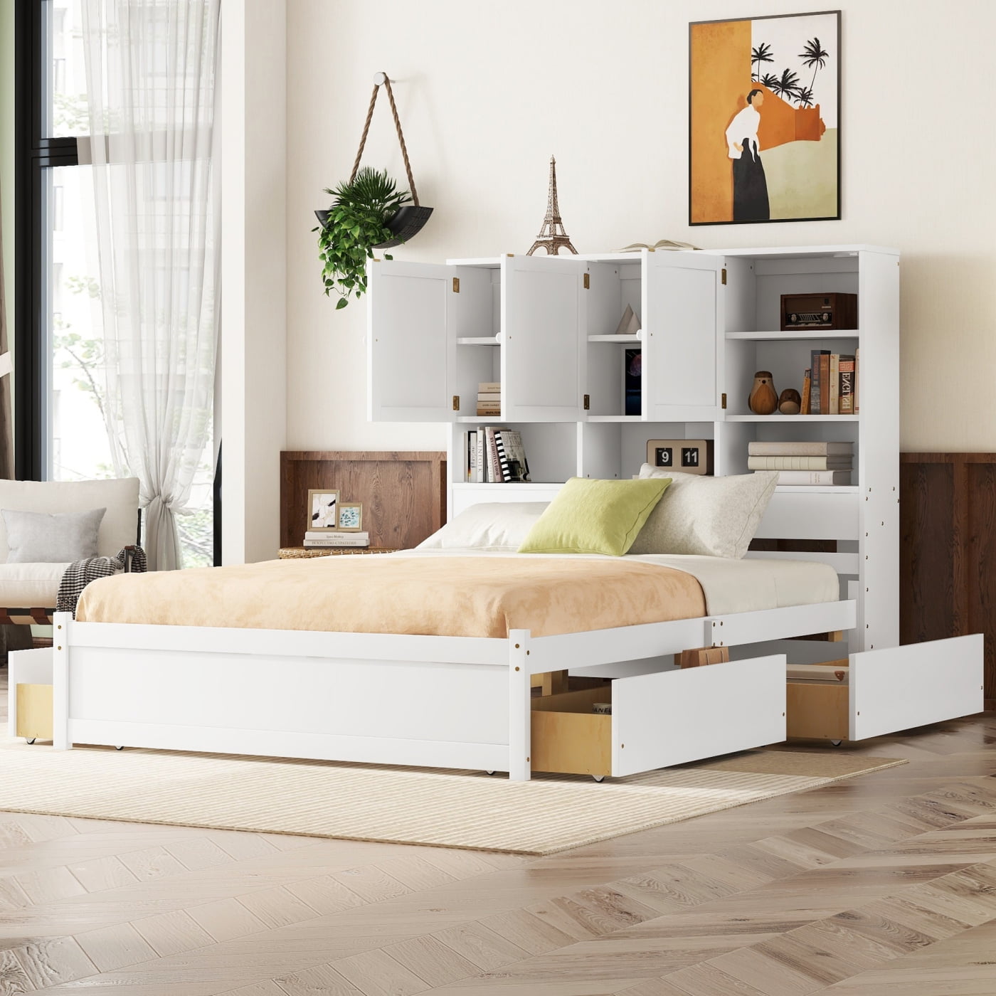 Queen Size Platform Bed with Storage Headboard and 4 Drawers, Modern ...