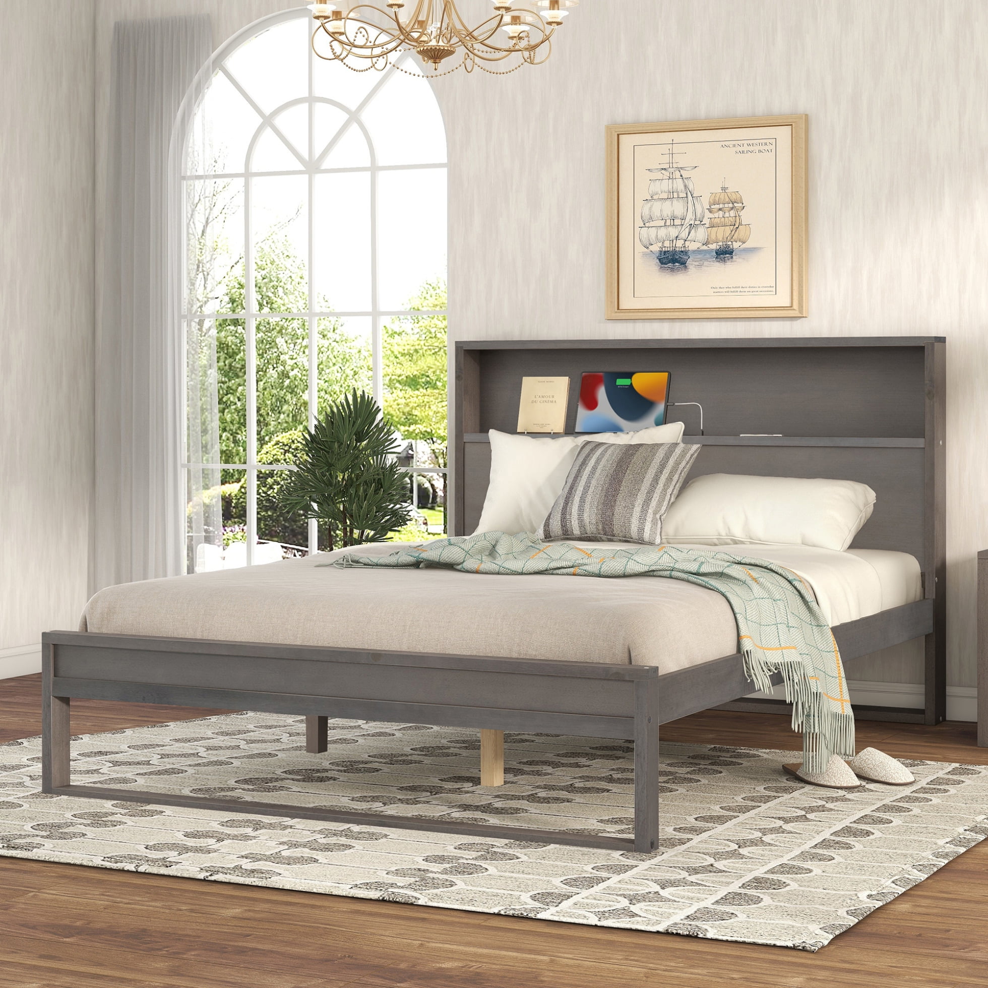 Queen Size Platform Bed with Storage Headboard,Sockets and USB Ports ...