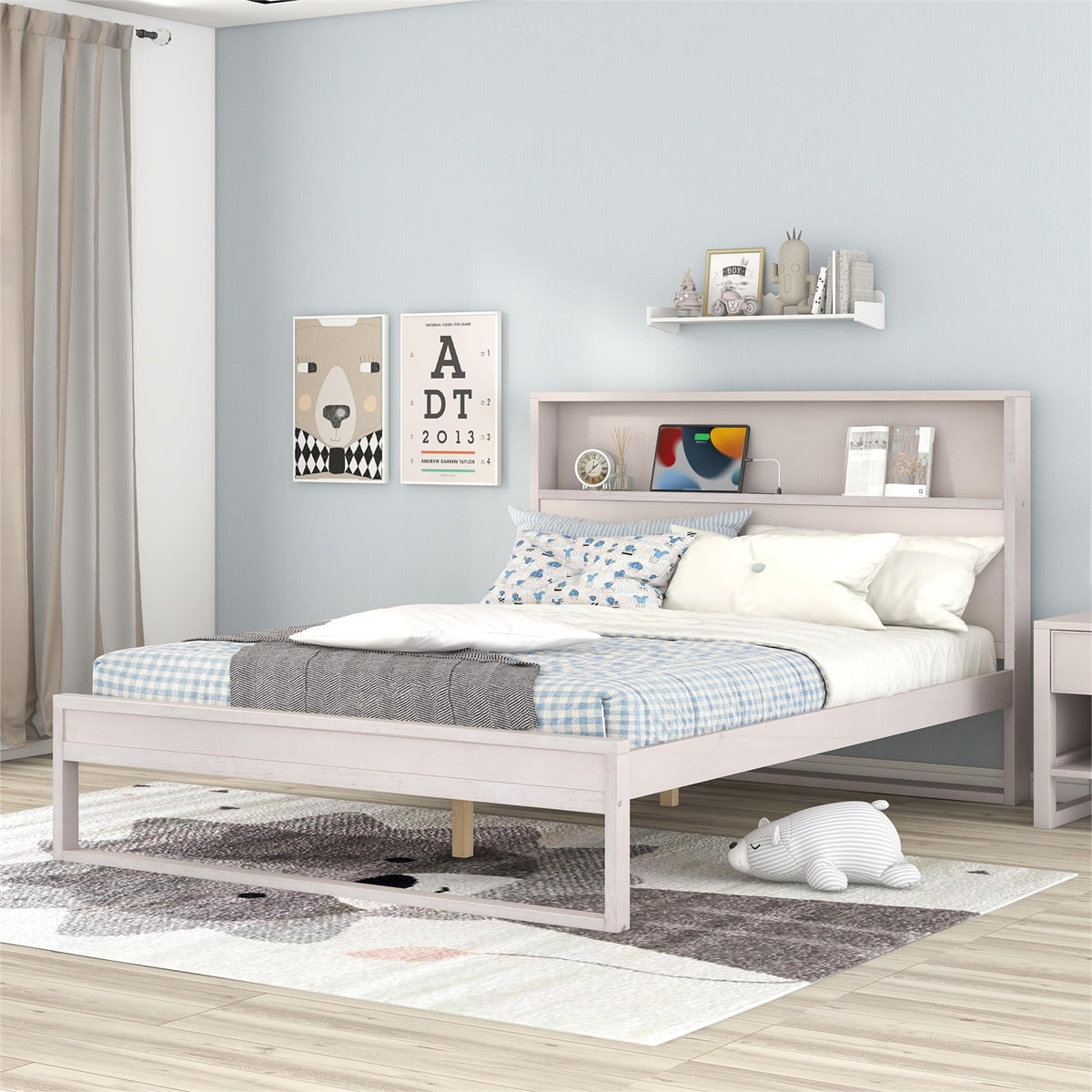 Queen Size Platform Bed with Storage Headboard, Solid Wood Storage Bed ...
