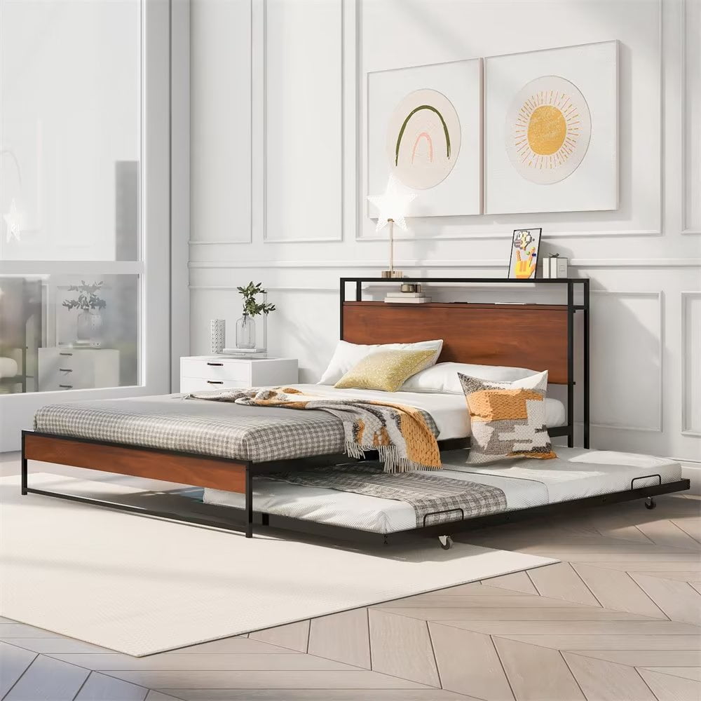 Queen Size Platform Bed with Trundle, Metal Bed Frame with Socket and ...