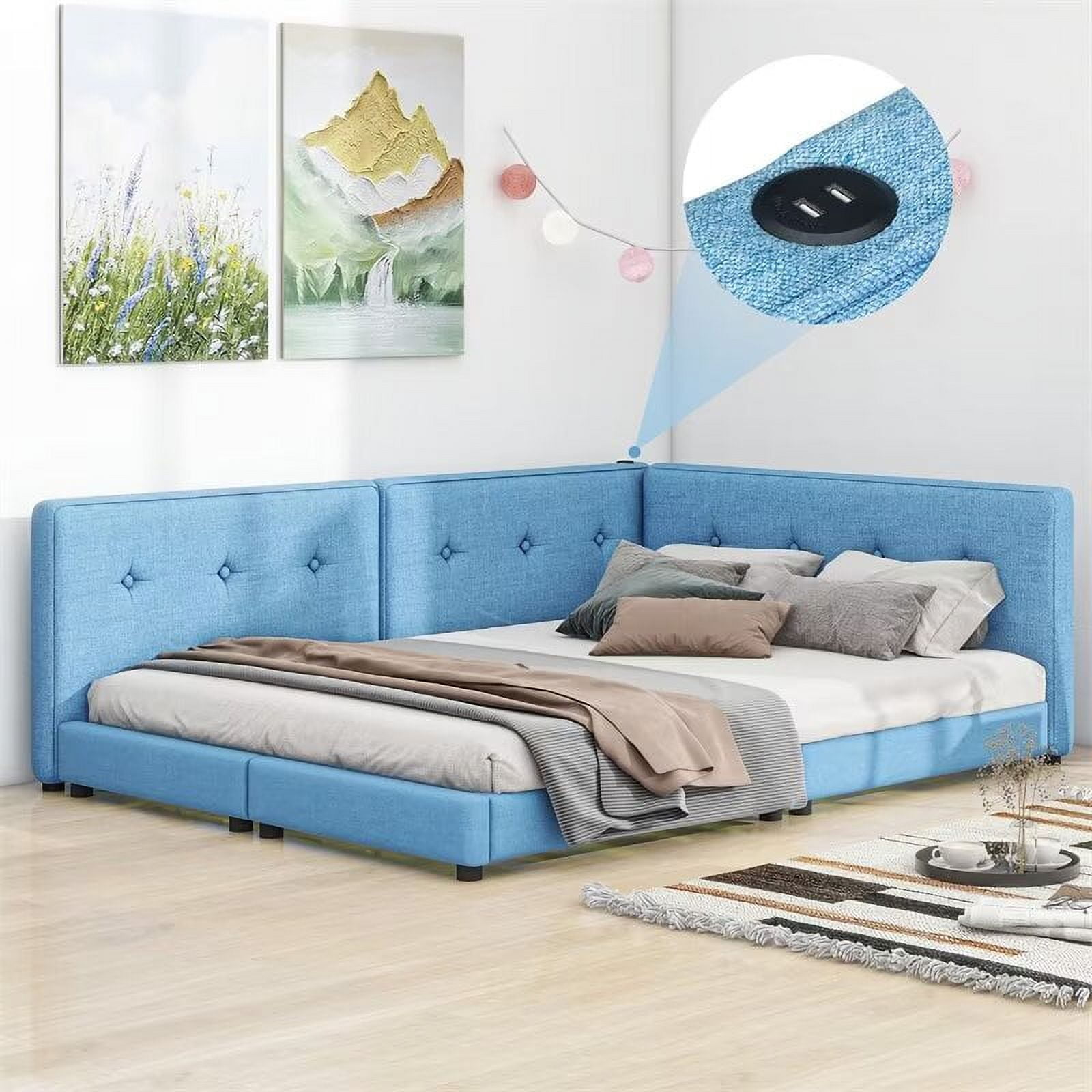 Queen Size Platform Bed with USB Ports Linen Upholstered Daybed with Comfortable Backrest and Armrests Wood Corner Daybed Frame for Living Room