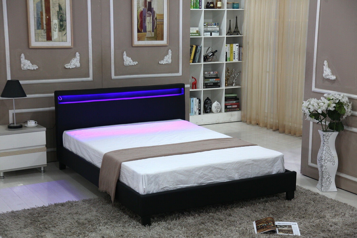Queen Size LED Platform Bed with Color Changing Headboard, Upholstered ...