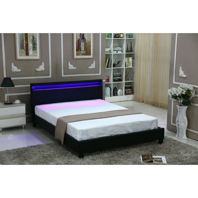 Queen Size Platform Bed Upholstered Bed Frame Bedroom LED Light ...