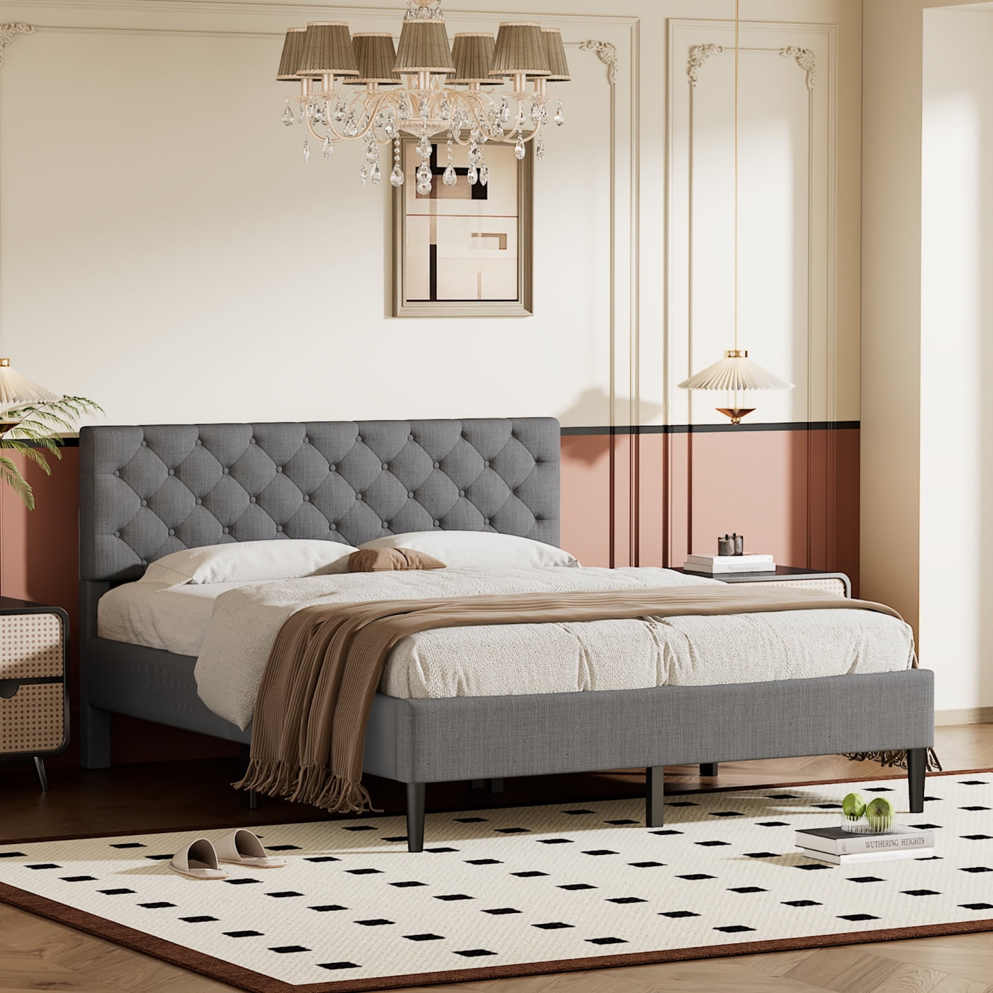 Queen Size Platform Bed,Upholstered Linen Platform Bed Frame with Deep ...