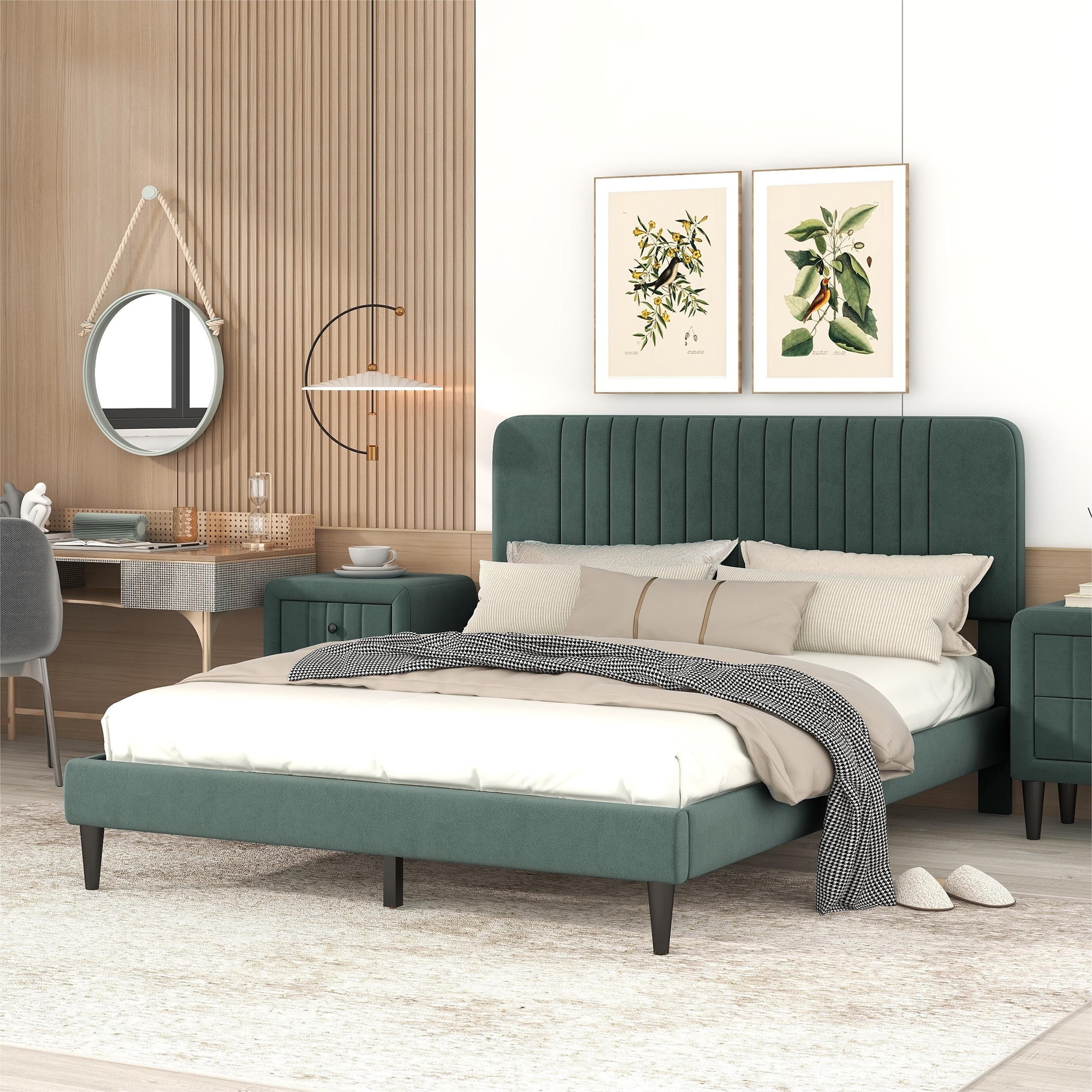 Queen Size Platform Bed, Velvet Upholstered Bed Frame with Padded ...
