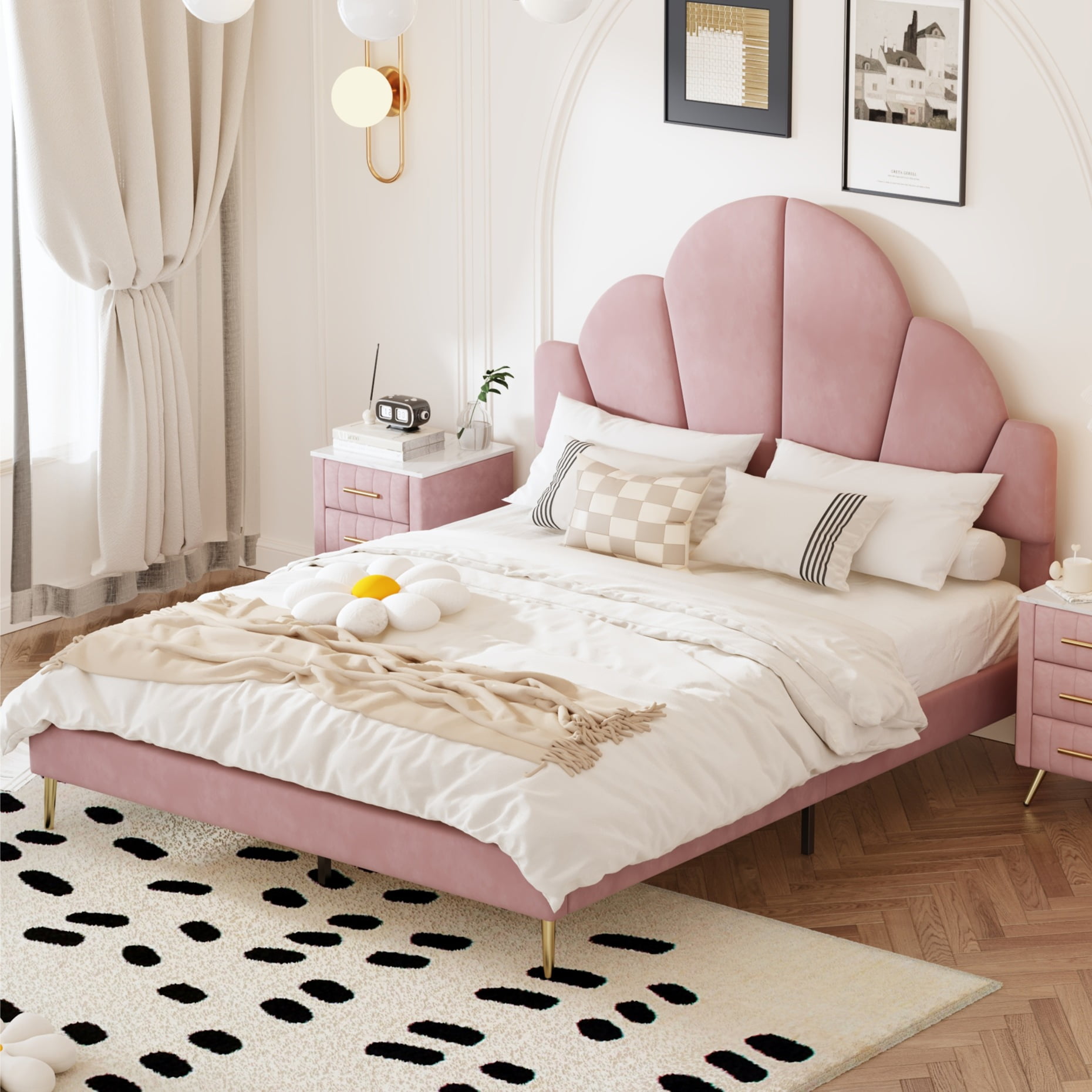 Queen Size Platform Bed, Velvet Upholstered Bed with Petal Shape ...