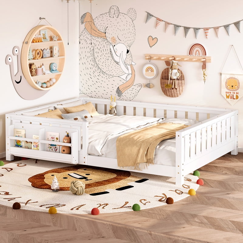 Queen Size Platform Bed with Built-in Bookshelf, Wooden Queen Floor Bed ...