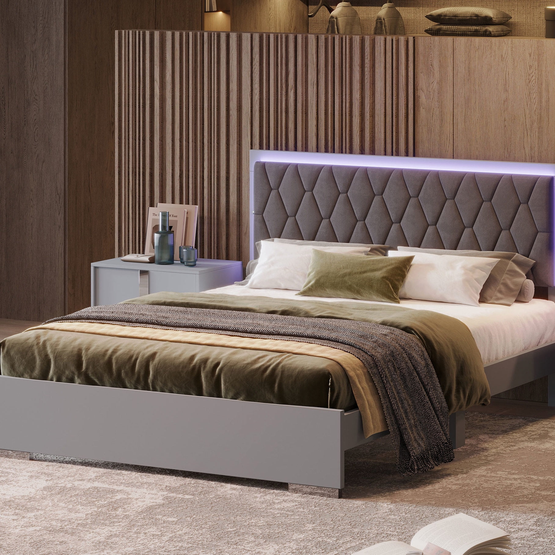 Queen Size Platform Bed with Grey Velvet Head and Adjustable LED Lights ...