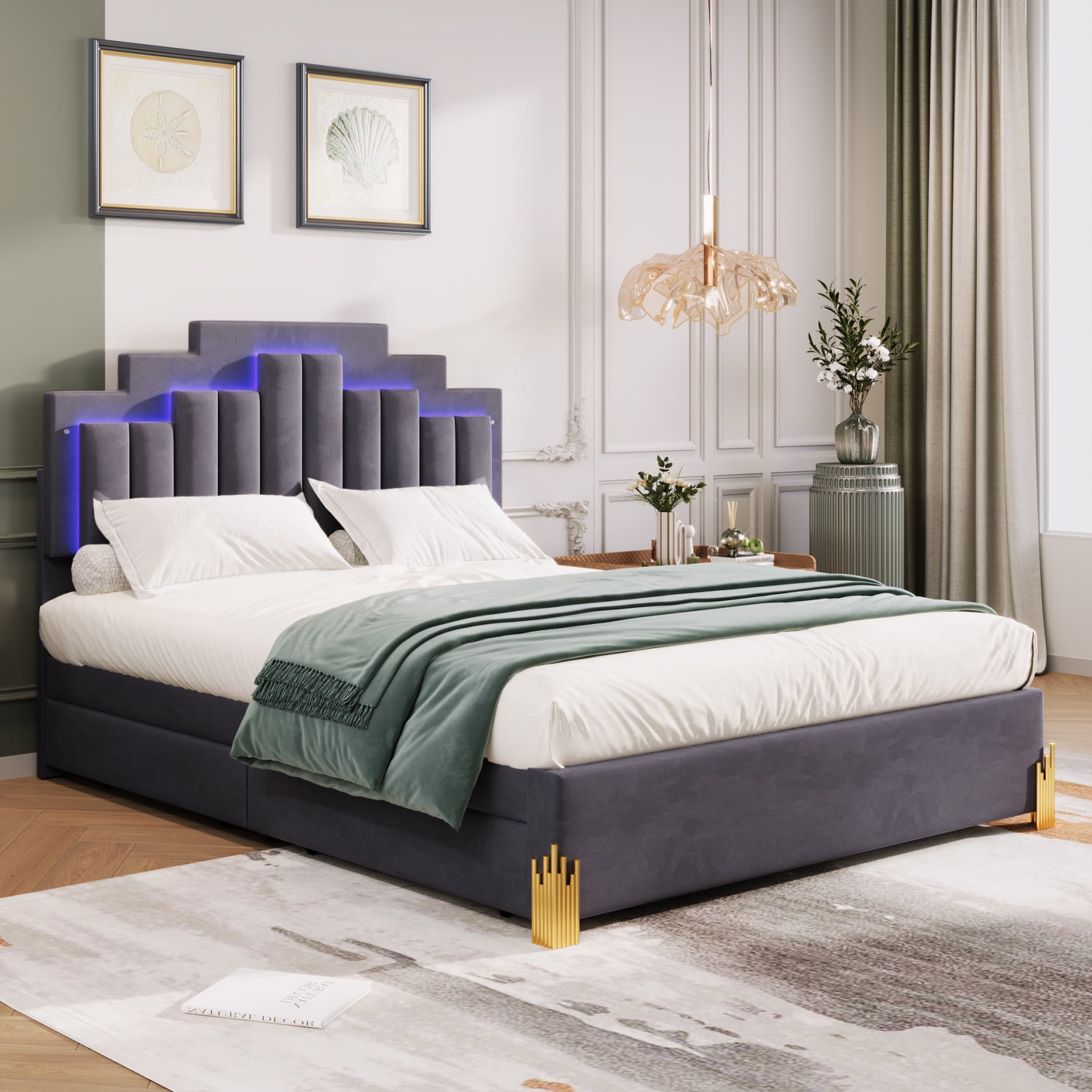 Queen Size Platform Bed with LED Lights,Velvet Upholstered Platform Bed ...