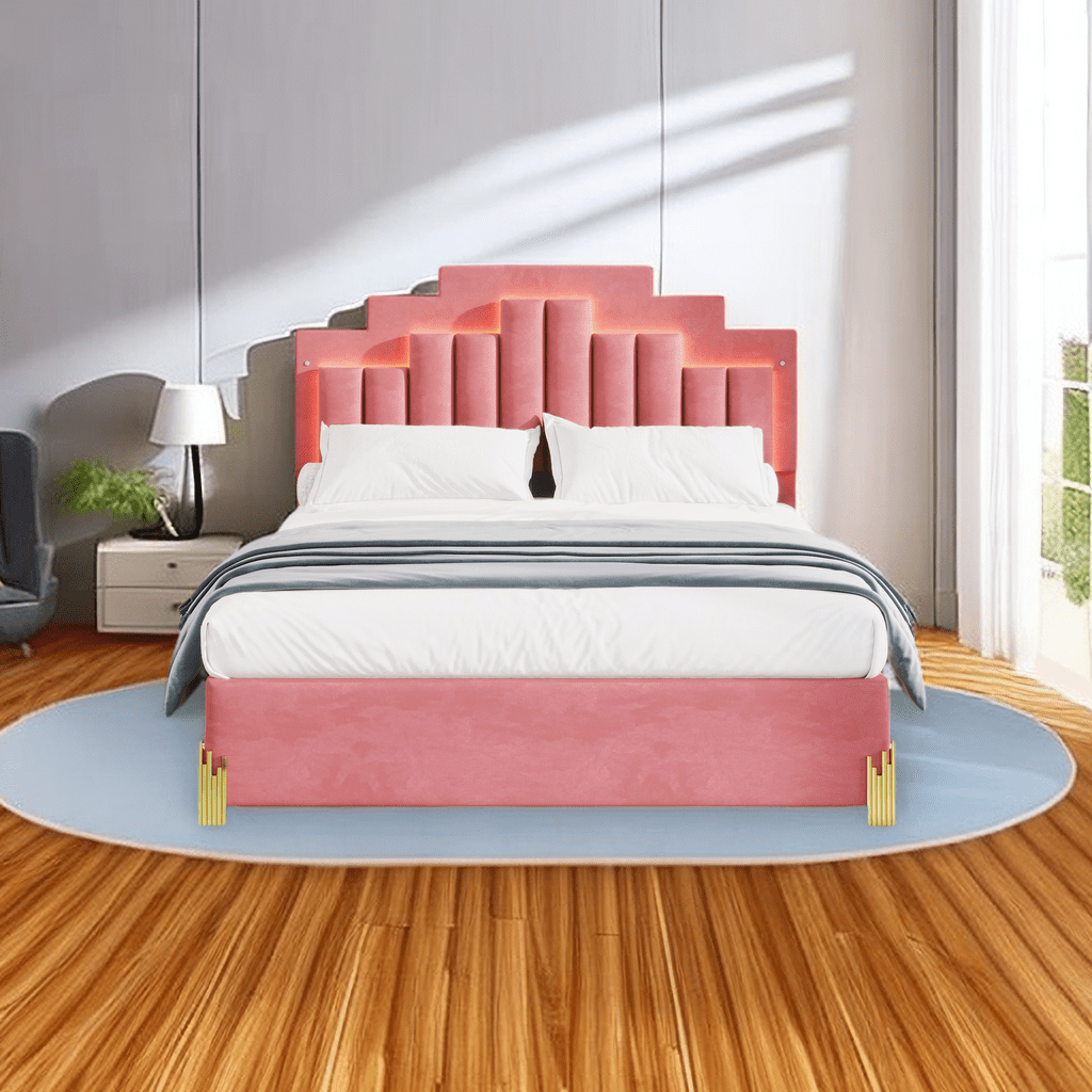 Queen Size Platform Bed with LED Lights,Velvet Upholstered Platform Bed ...