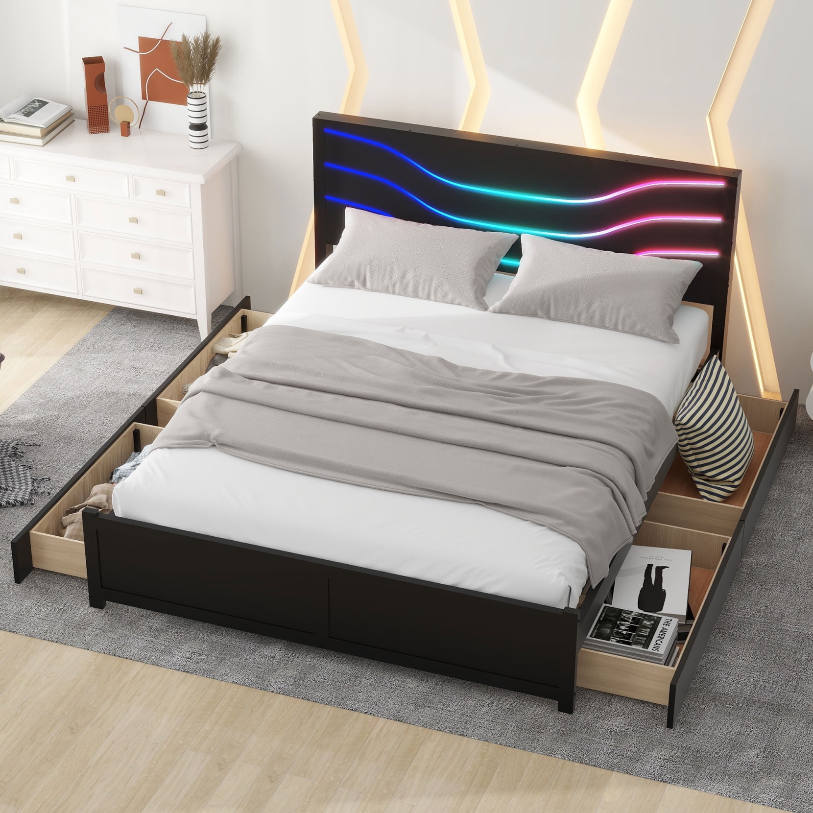 Queen Size Platform Bed with LED Lights and 4 Drawers, Solid Wooden ...