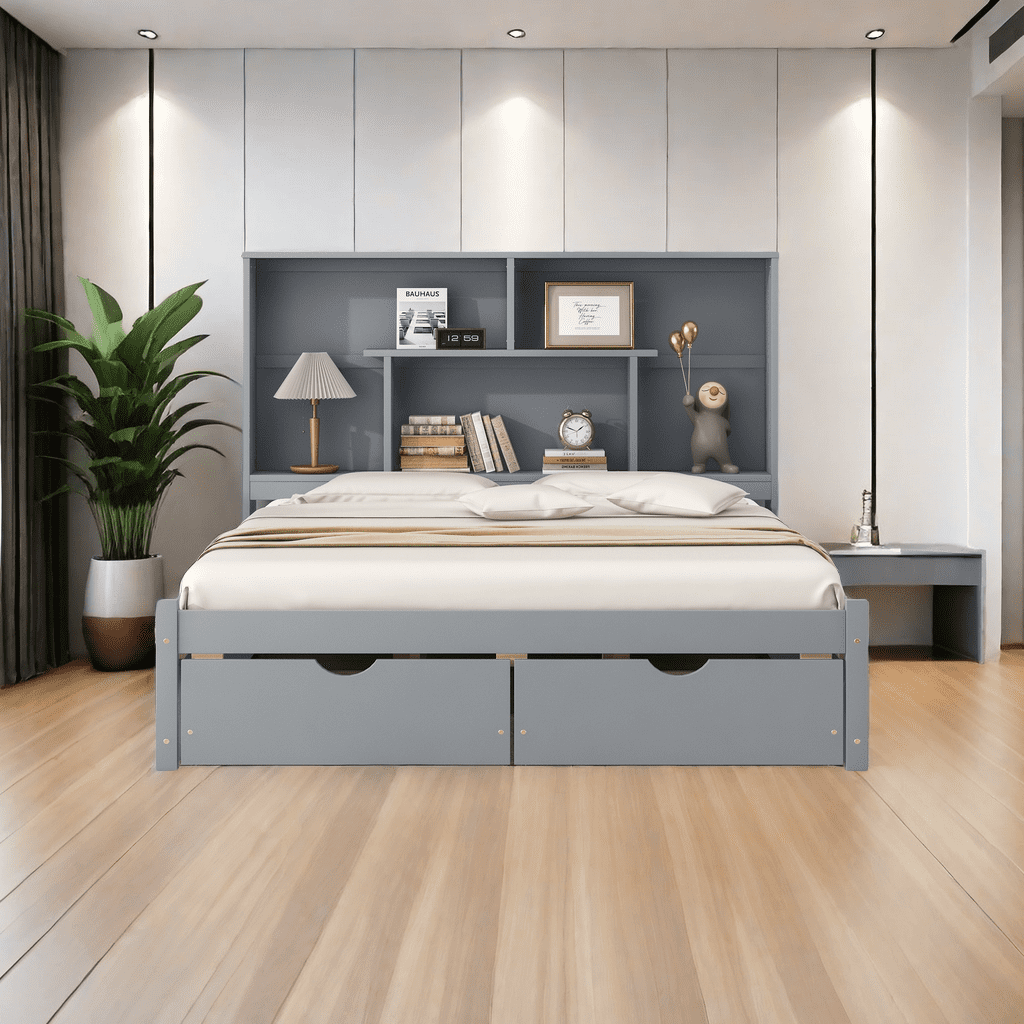 Queen Size Platform Bed with Storage Headboard and 2 Drawers, Solid ...