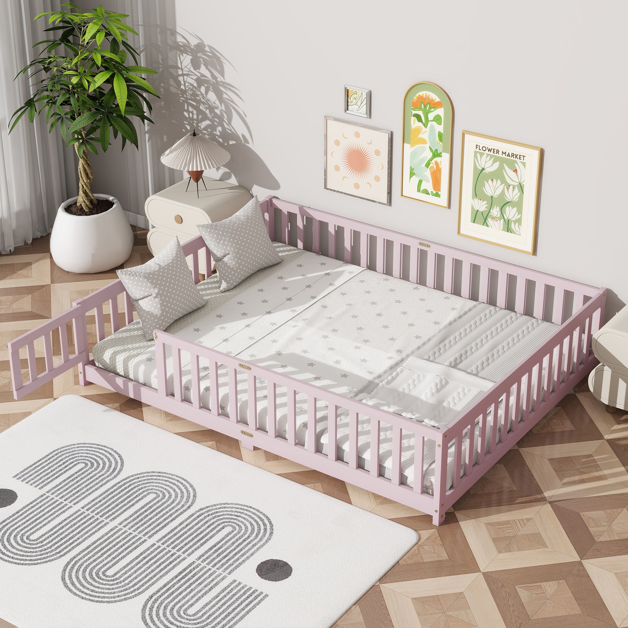 Queen Size Platform Floor Bed with Fence and Bed Slats, Door, Rubber ...