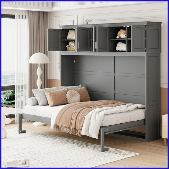 Queen Size Plywood MDF Murphy Wall Bed with Top Cabinets, No Box Spring ...