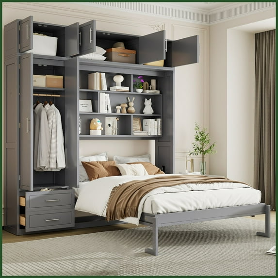 Queen Size Plywood & MDF Wall Murphy Bed with Storage Gray for Small ...