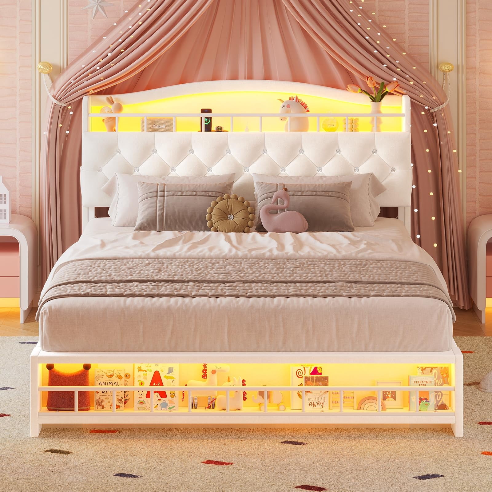 Queen Size Princess Bed with LED Lights & Charging Station, Queen Size ...