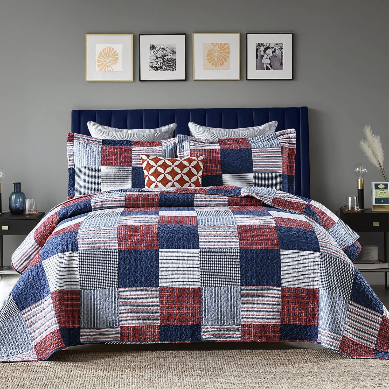 Queen Size Quilt Set, 100% Cotton Blue Red White Patchwork Plaid Quilt ...