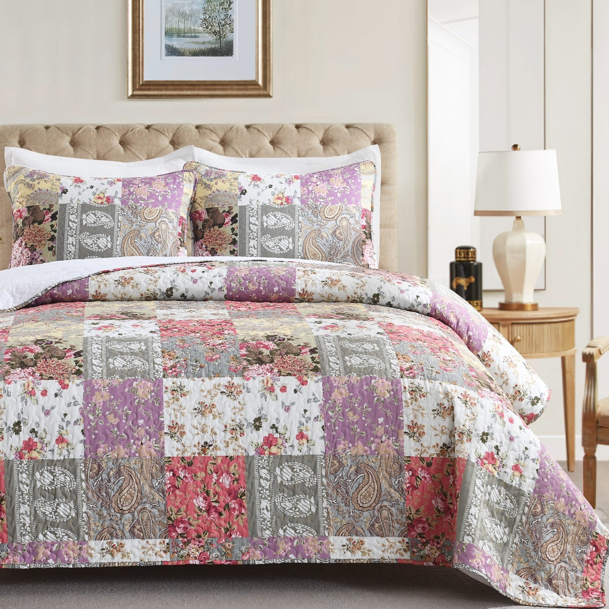 Queen Size Quilt Set, GREAGLE 3-Piece Warm Lightweight Rustic Patchwork Multi-Color Vivid ...