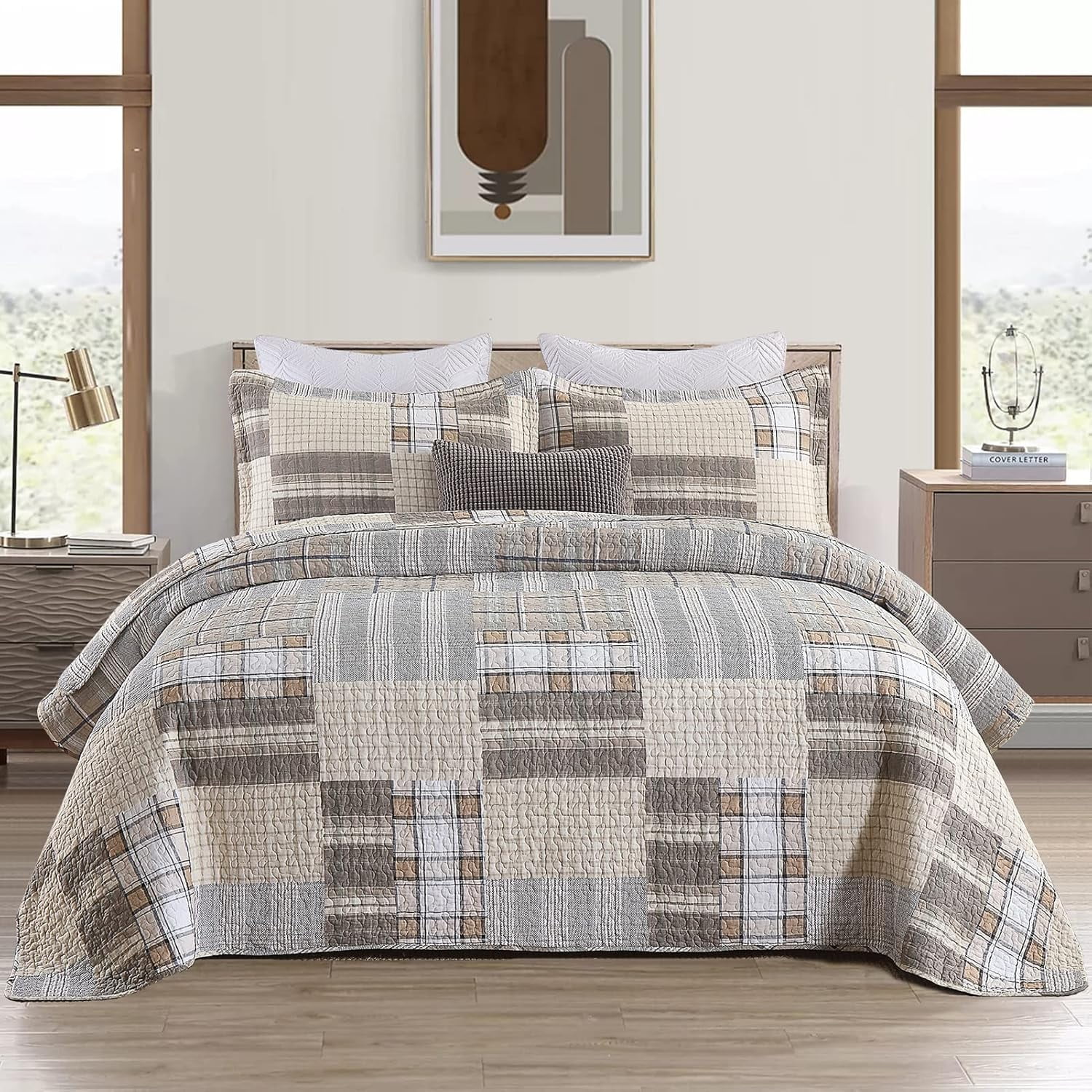Queen Size Quilts, 100% Cotton Queen Quilt Sets, Brown Plaid Farmhouse ...