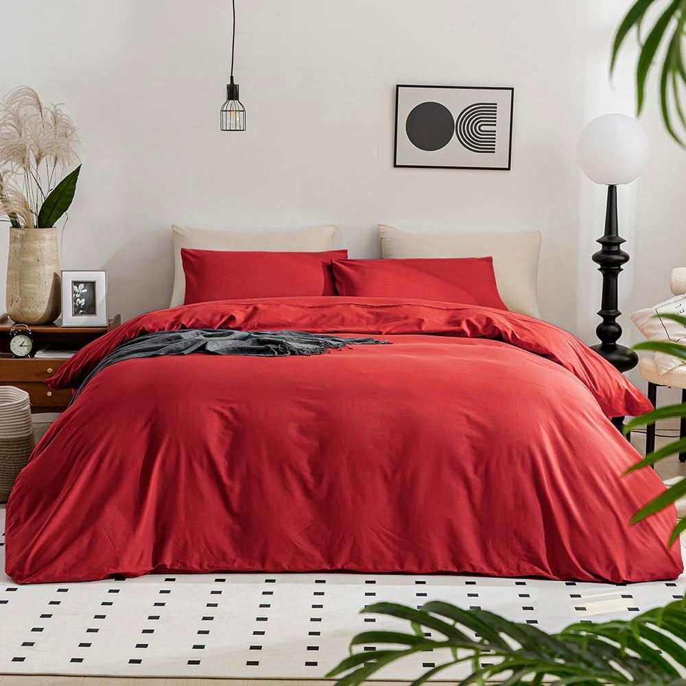 Queen Size Red Duvet Cover - 100% Washed Cotton Linen Textured ...