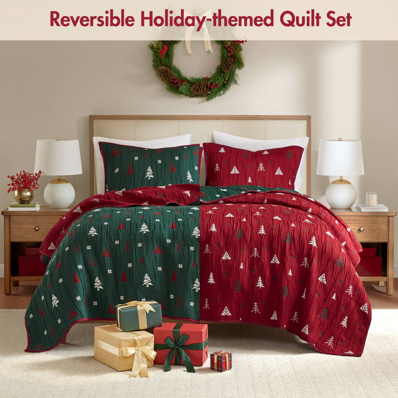 Queen Size Reversible Christmas Coverlet Set, Jacquard Christmas Tree ...