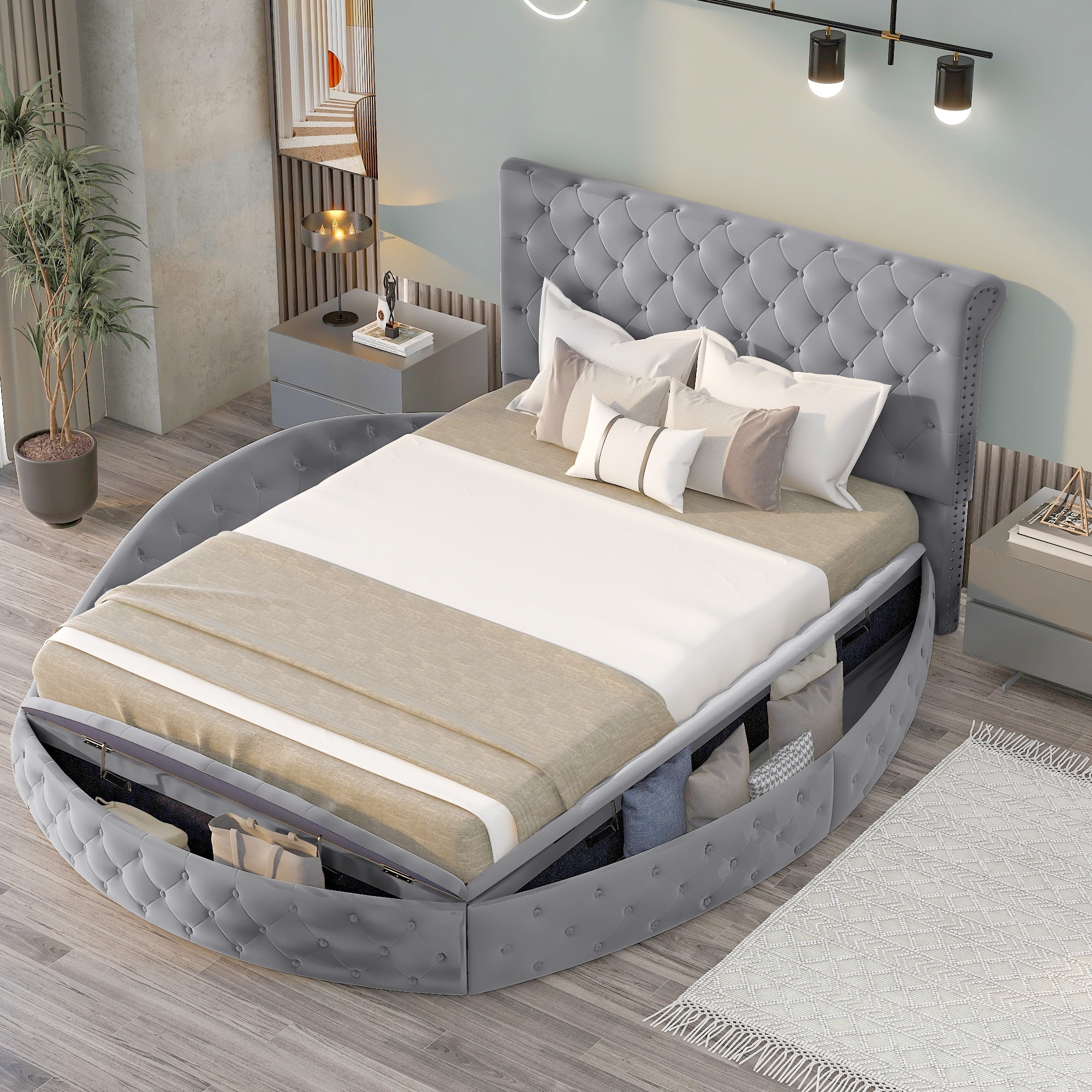 Queen Size Round Shape Upholstery Low Profile Storage Platform Bed with ...