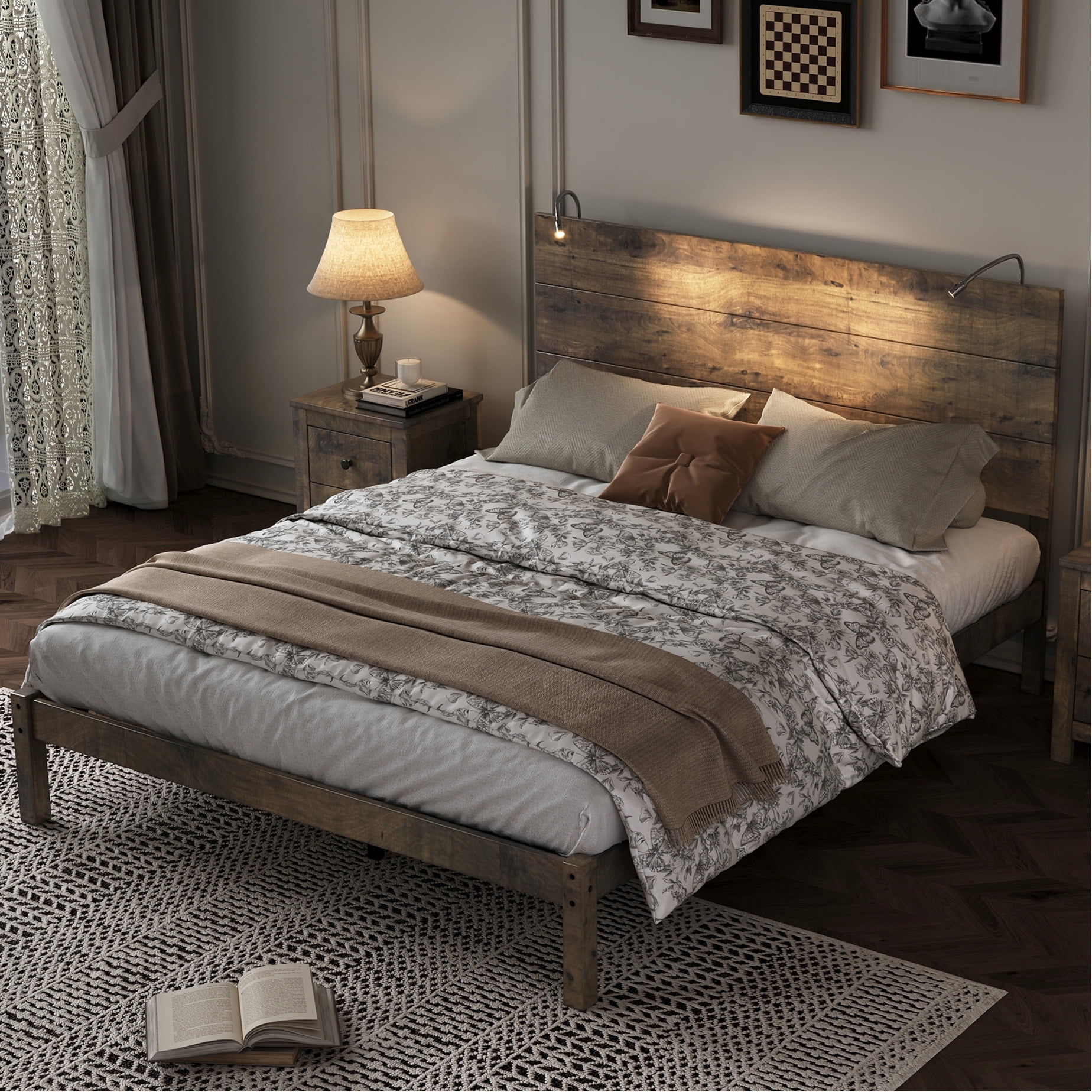 Queen Size Rustic Bed With Wooden Platform And Two Bedside Lights In ...