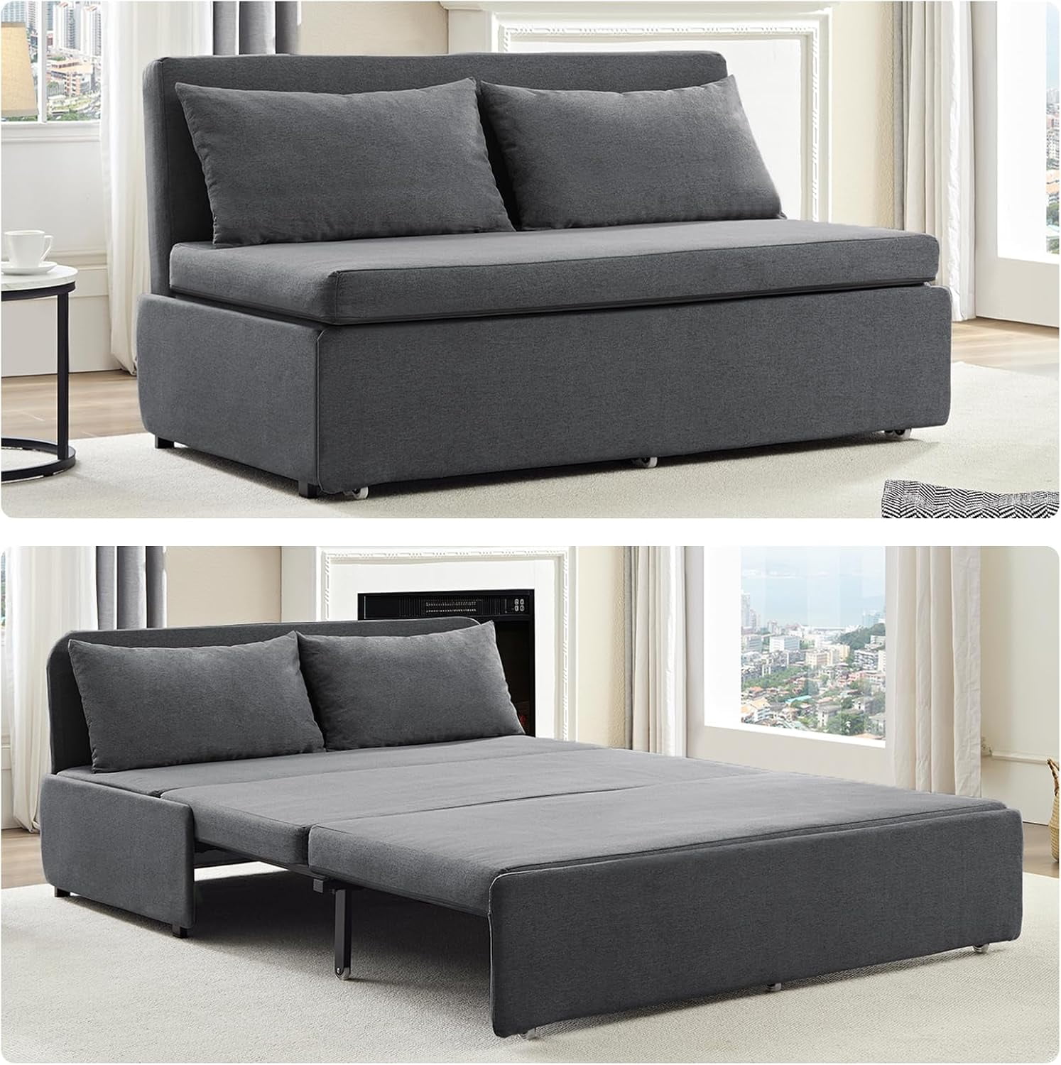 Queen Size Sofa Bed, Pull Out Sofa Bed with Cushions & Throw Pillows ...