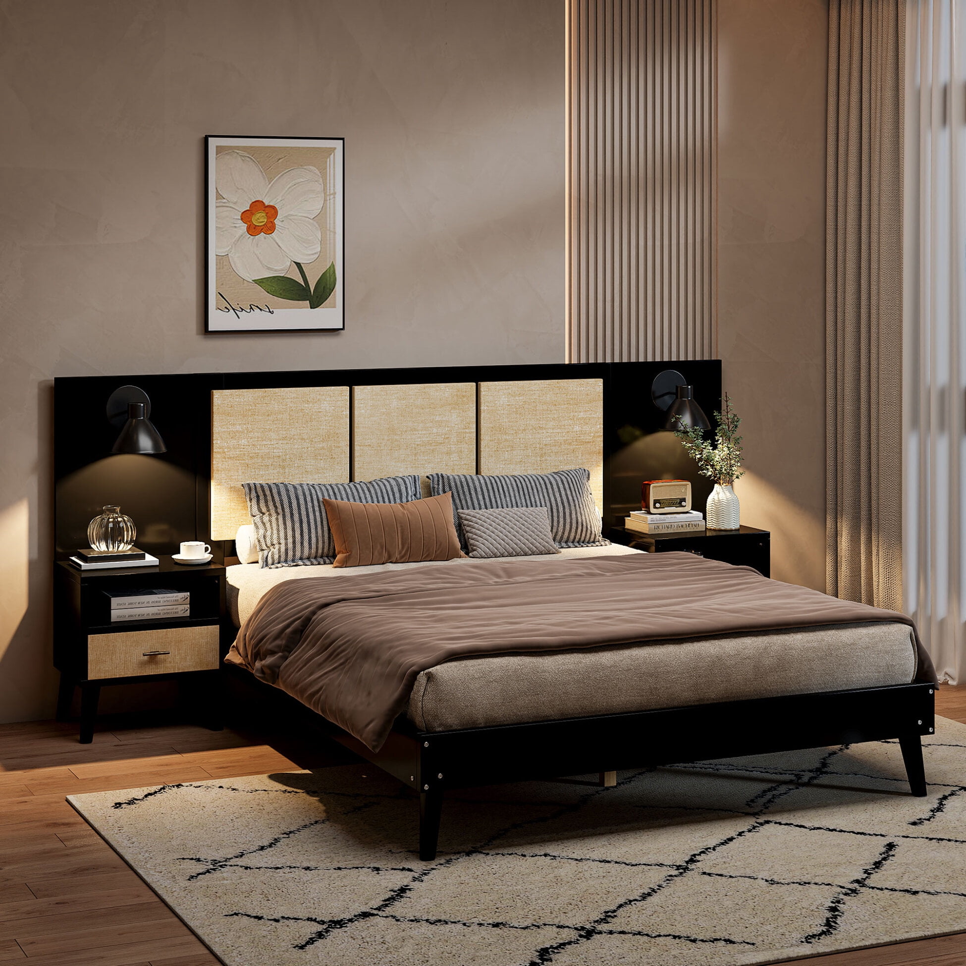 Queen Size Solid Wood Bed Frame, Elegant Platform Bed Frame with 2 ...