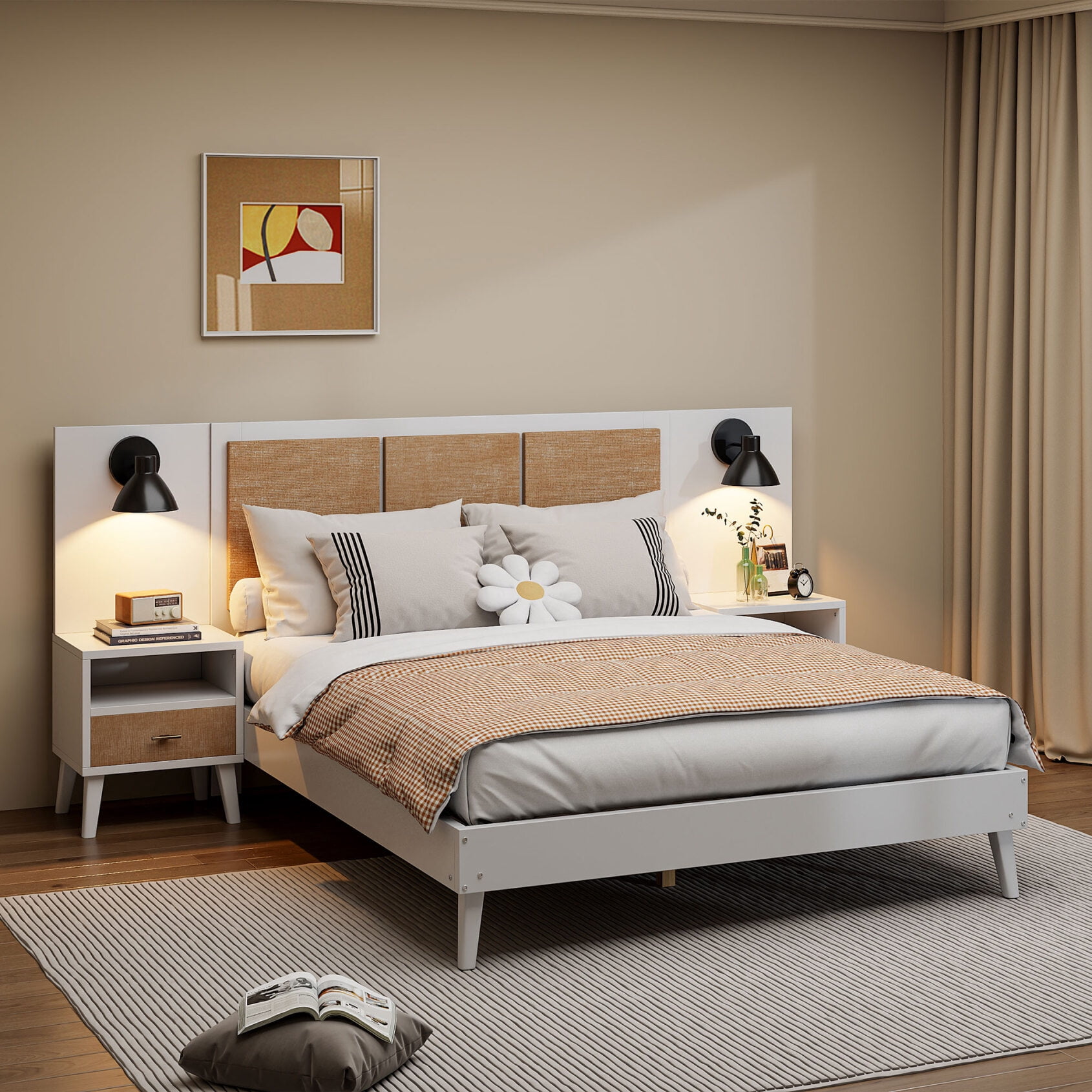Queen Size Solid Wood Bed Frame, Elegant Platform Bed Frame with 2 ...