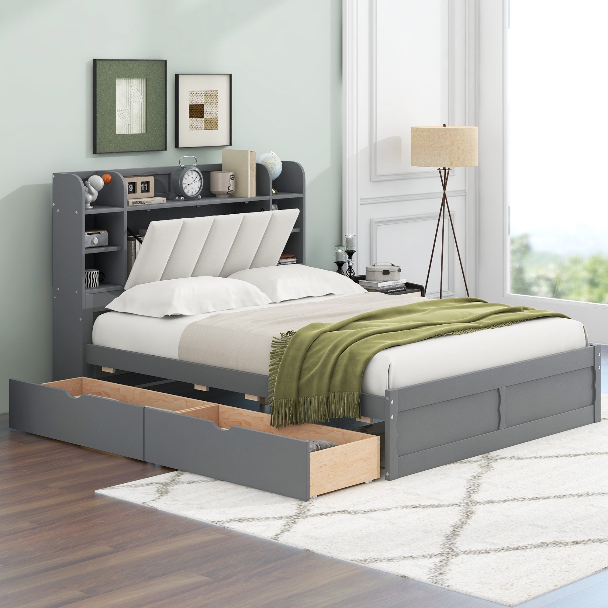Queen Size Solid Wood Bed Frame with Storage Headboard, Shelves and 2 ...