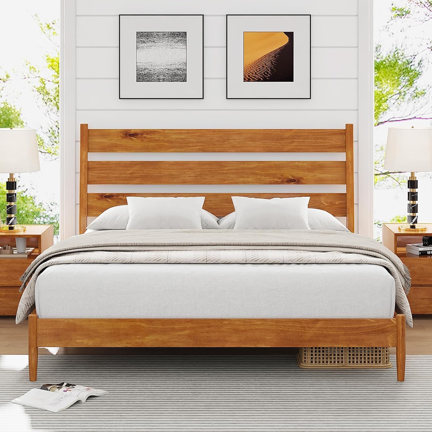 Queen Size Solid Wood Platform Bed Frame with Ergonomic Slatted ...