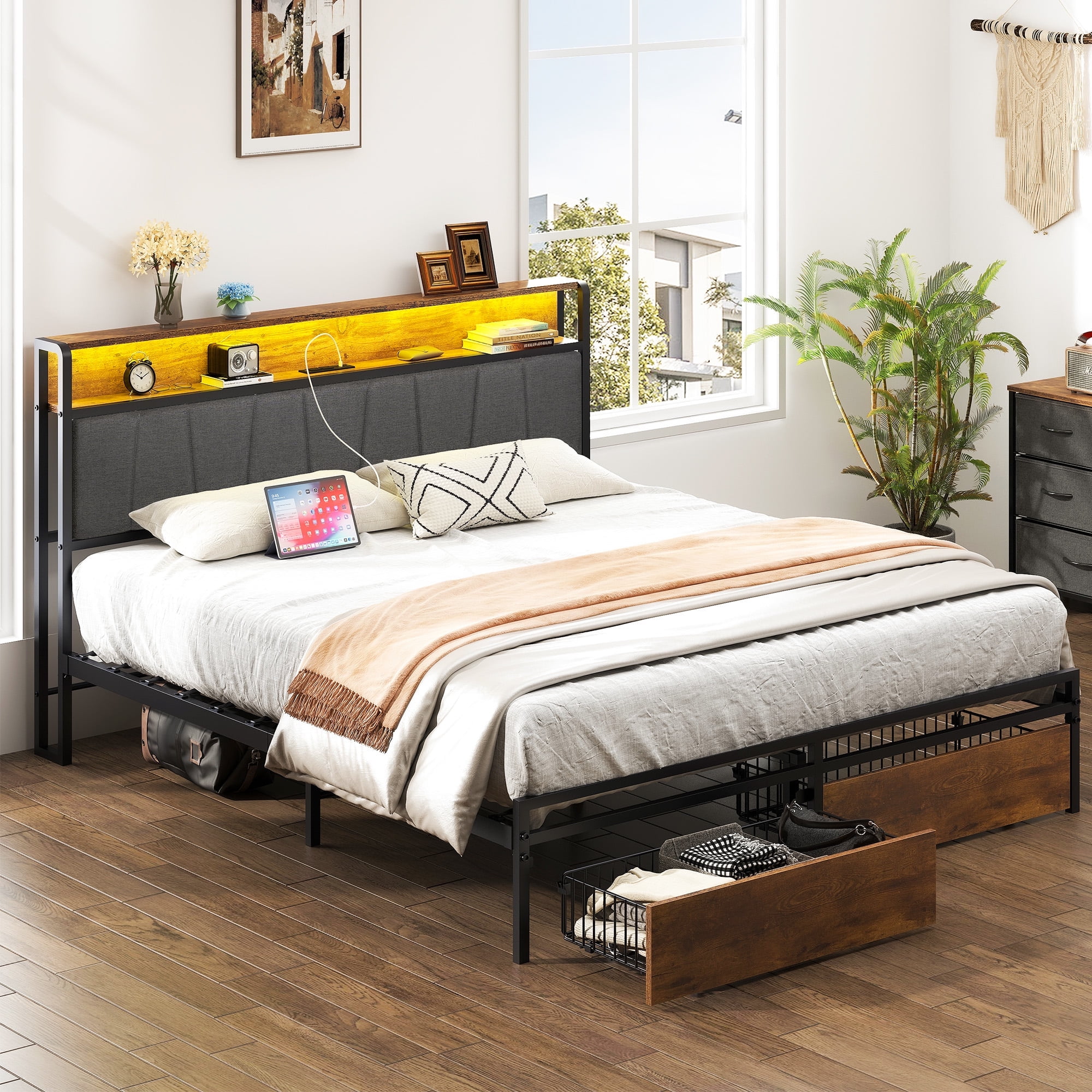 Queen Size Solid and Stable Bed Frame Upholstered Platform Bed Frame ...