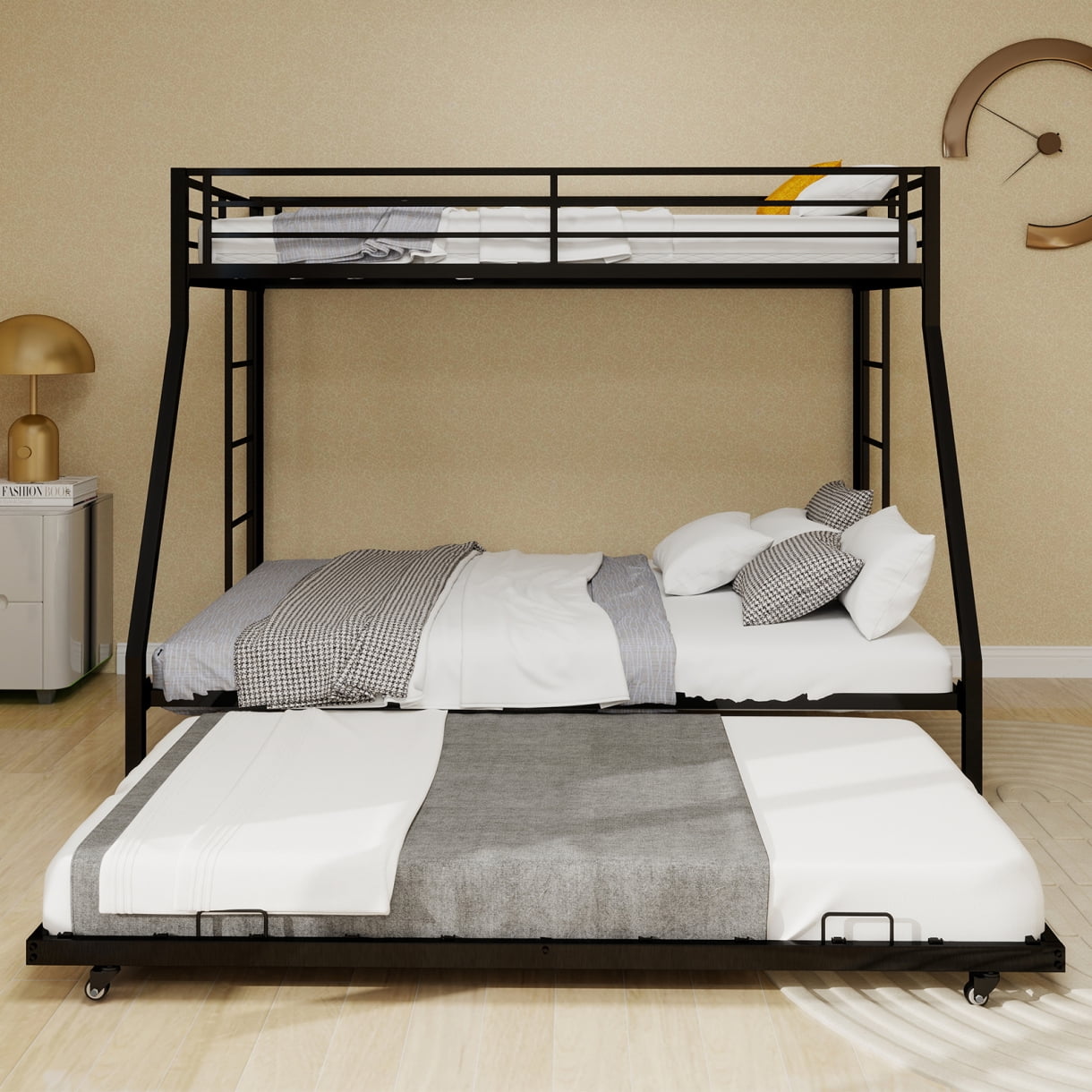 Queen Size Square Tube Bunk Bed with Ladder and Rolling Trundle, Bunk ...